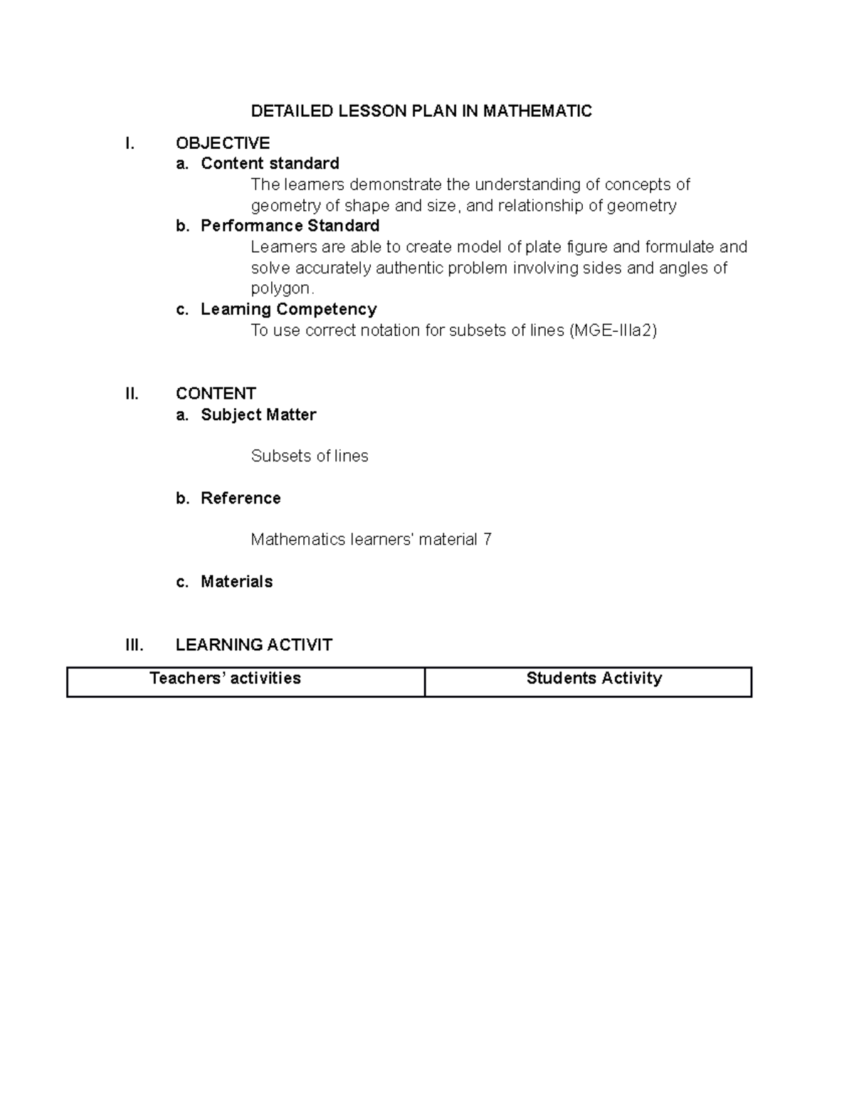 Detailed Lesson Plan: Subsets of a Line (MGE-IIIa2) - Studocu