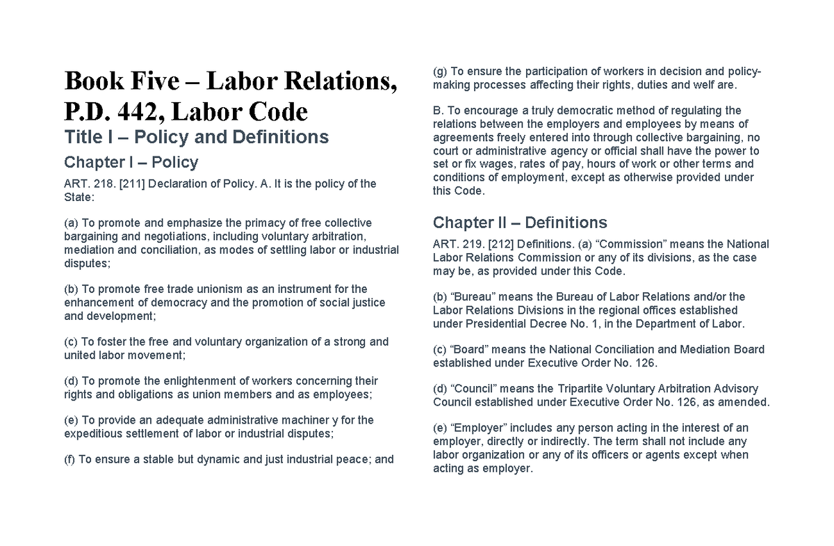 Labor Relations Overview: P.D. 442 Chapter I - Policy and Definitions ...