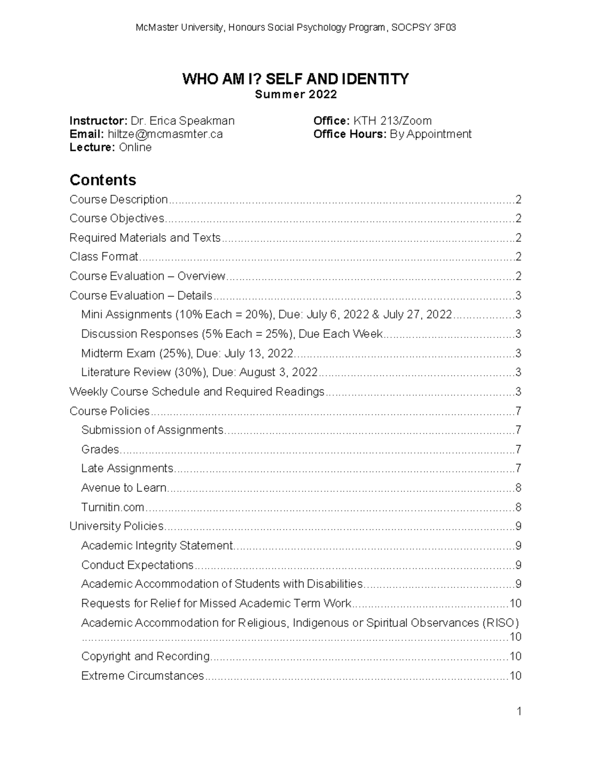 SOCPSY 3F03 Summer 2022 Course Outline: Who Am I? Self & Identity - Studocu
