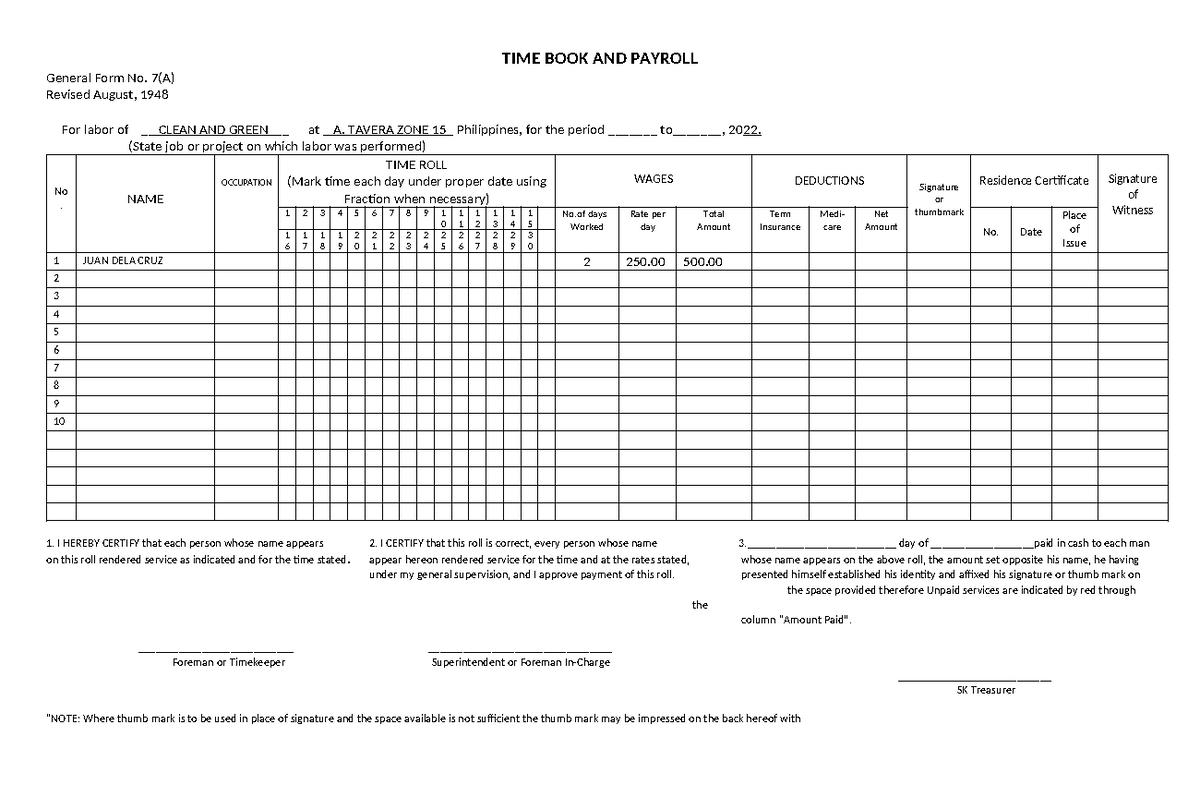 Labor Time Book & Payroll Form No. 7(A) - Revised Aug 1948 - Studocu