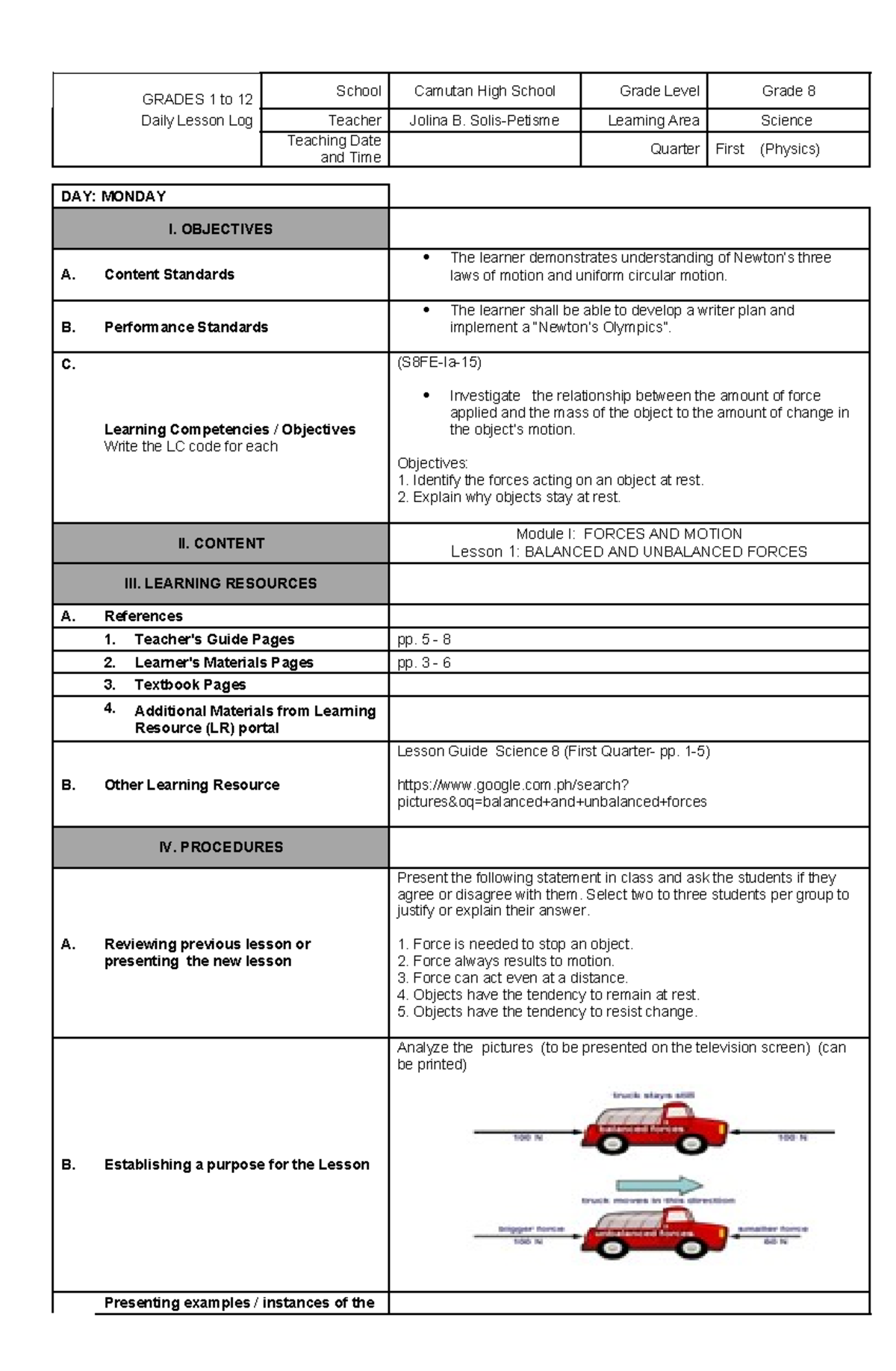 Grade 8, Quarter 1 - Daily Lesson Log - GRADES 1 to 12 School Camutan ...