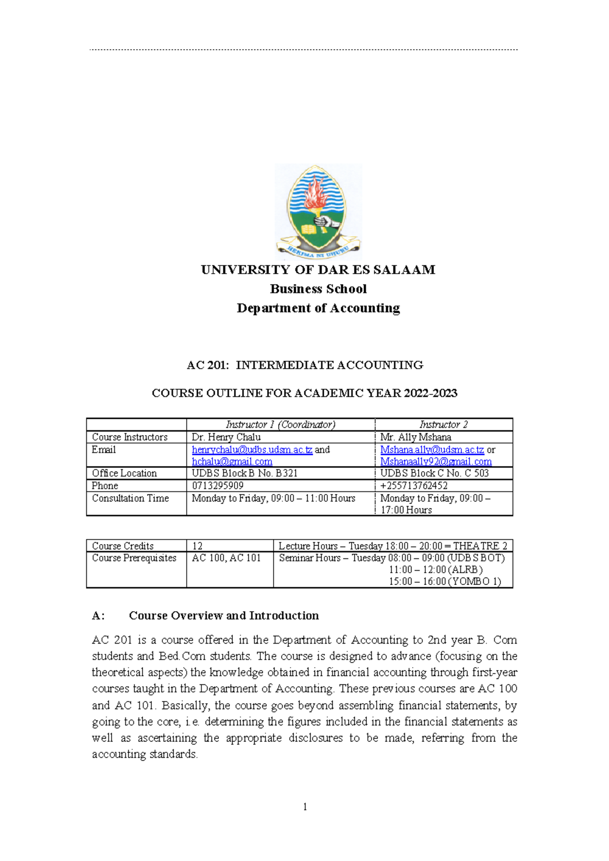 AC 201 Course Outline 2023 - UNIVERSITY OF DAR ES SALAAM Business ...