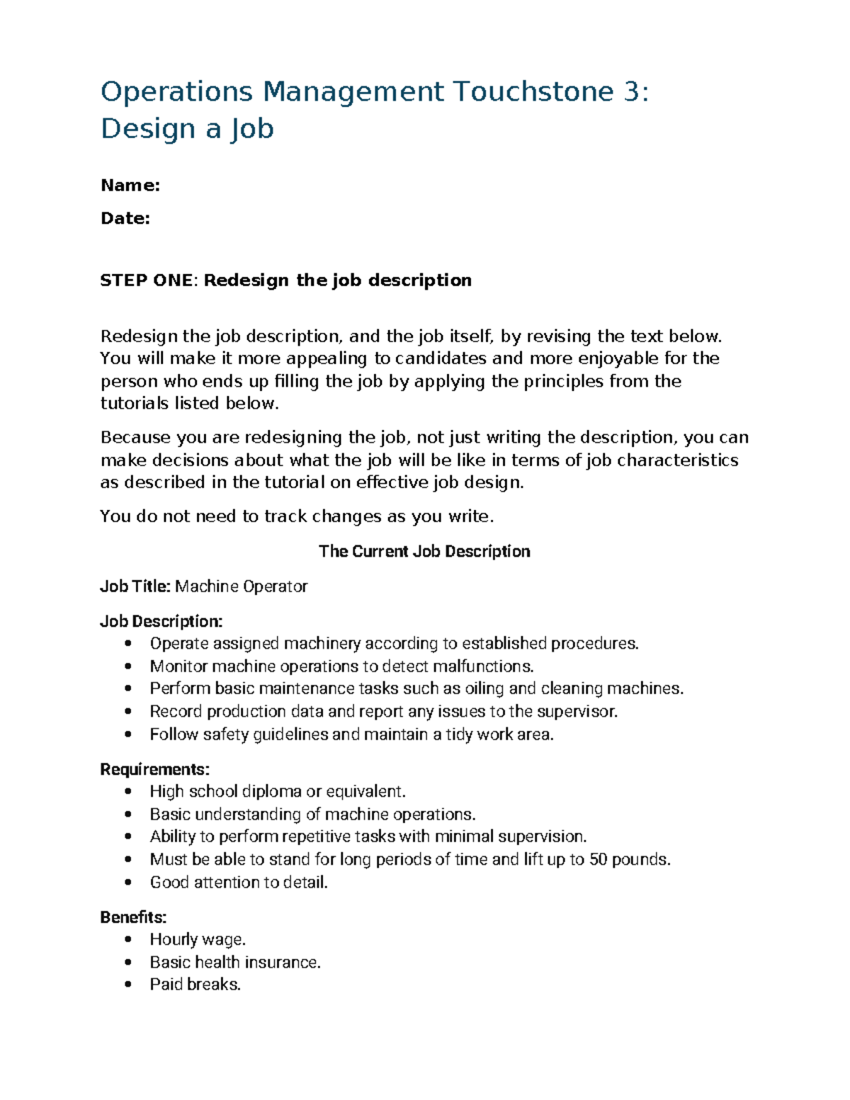 Operations Management Touchstone 3: Job Redesign and Analysis - Studocu