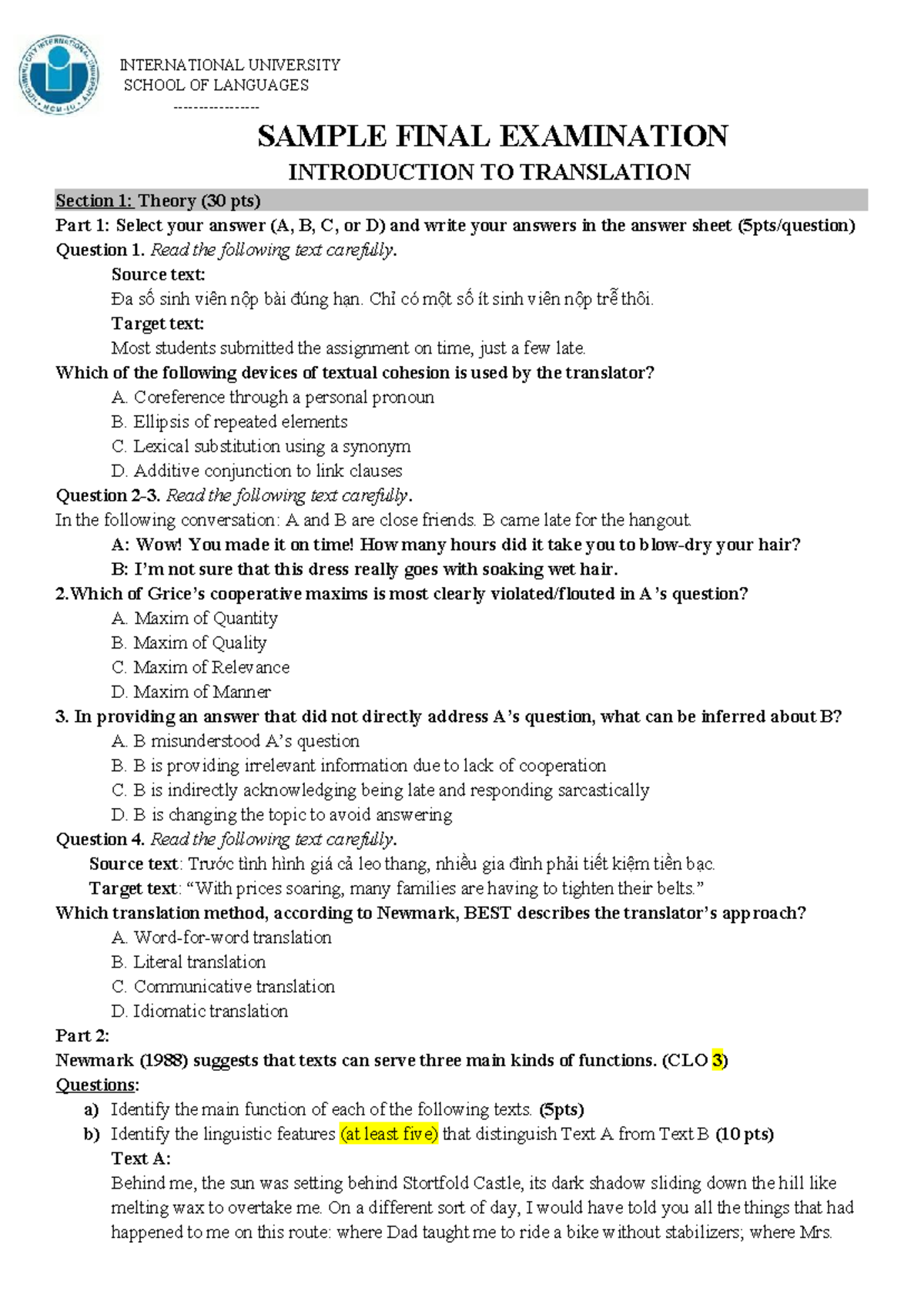 Introduction to Translation - Sample Final Exam 2526S1 - Studocu