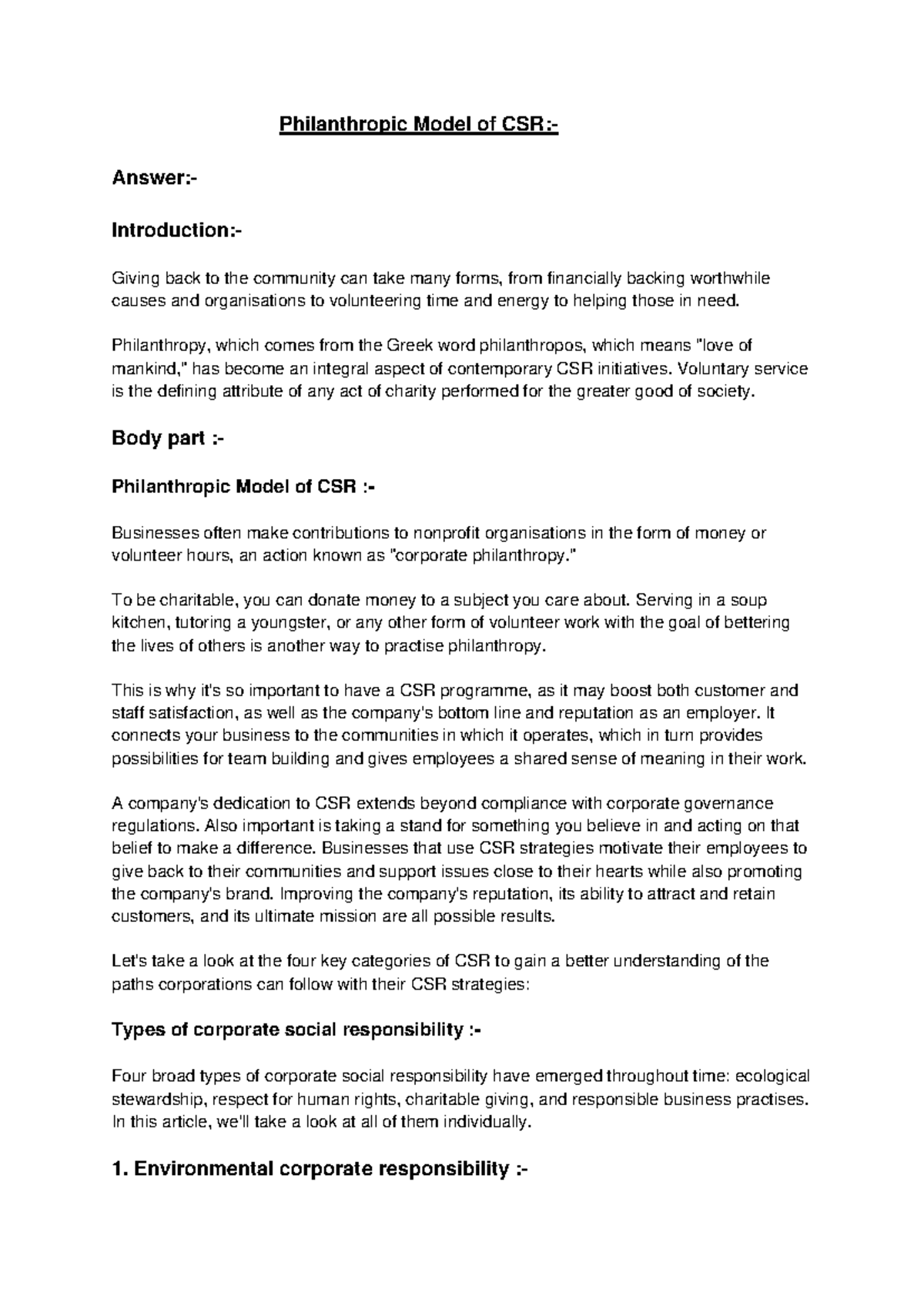 Philanthropic Model of CSR - Philanthropic Model of CSR:- Answer ...