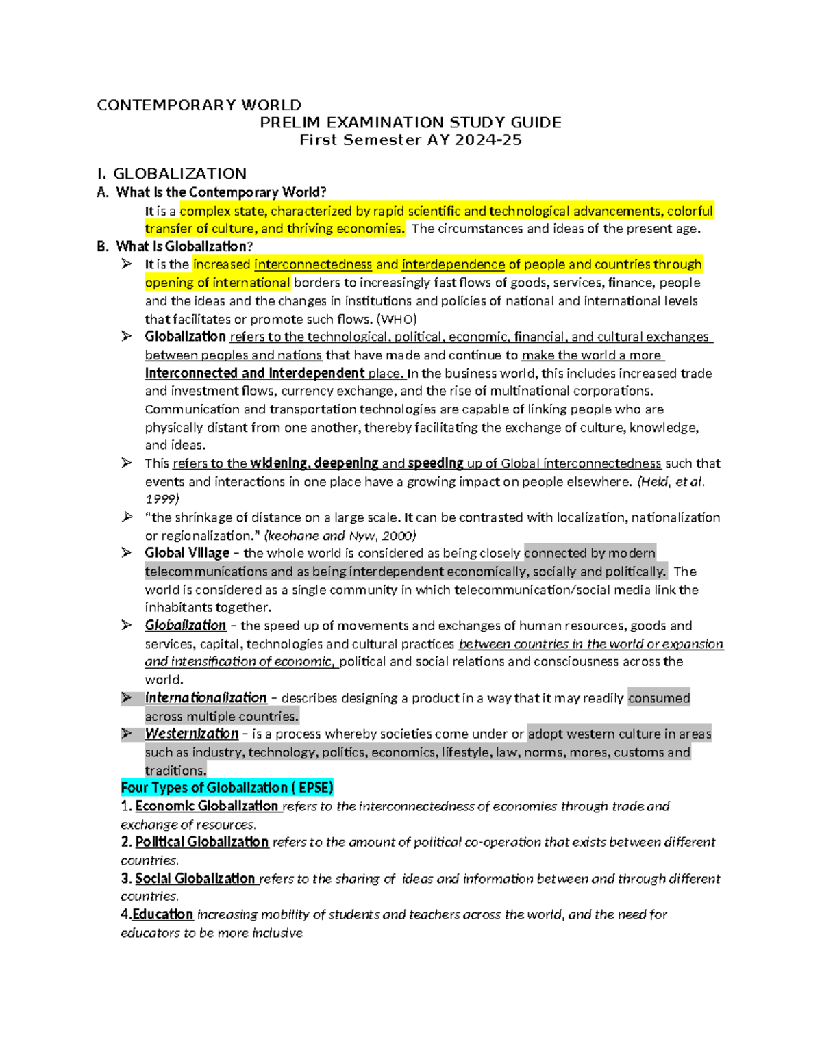 CWORLD 20 Prelim Exam Study Guide: Globalization Insights for AY 2024 ...