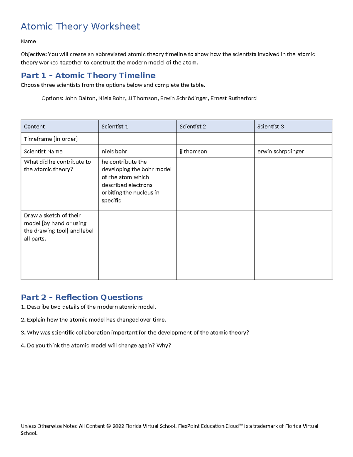 Atomic Theory Worksheet: Timeline of Key Scientists - Studocu