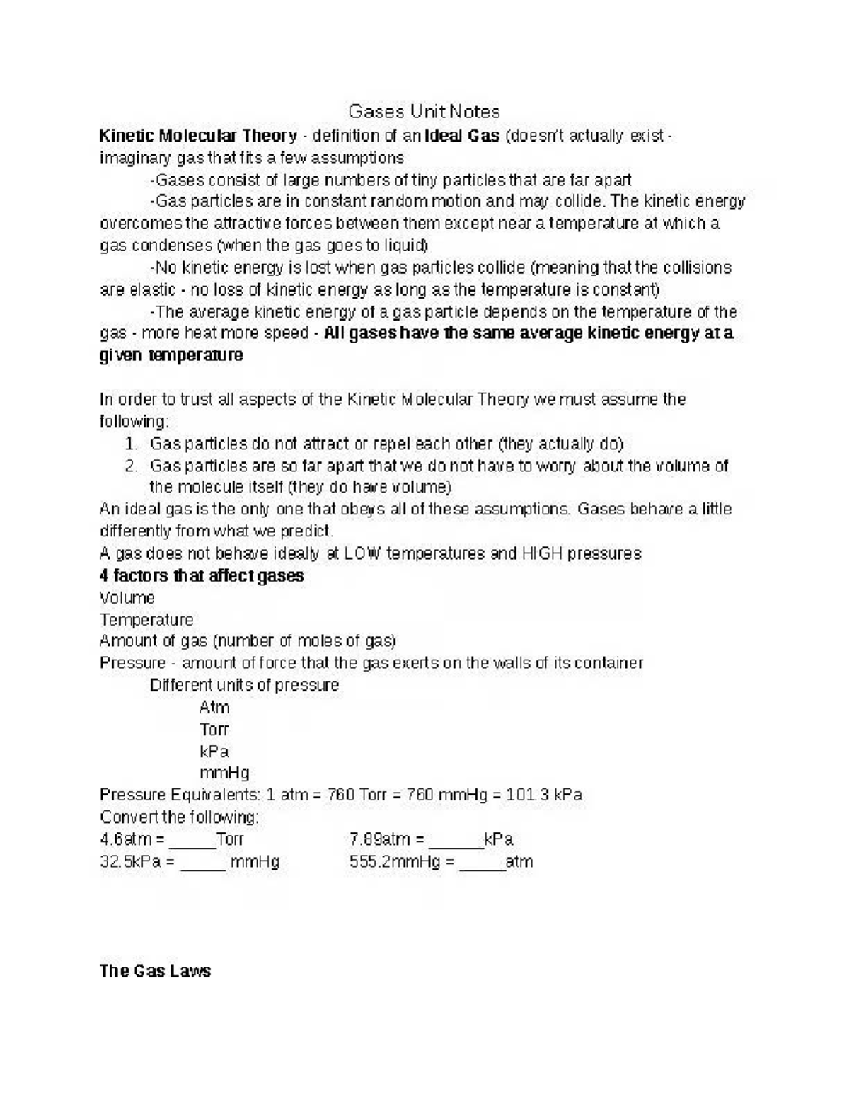 Chemistry 101: Gas Unit Notes on Kinetic Molecular Theory - Studocu