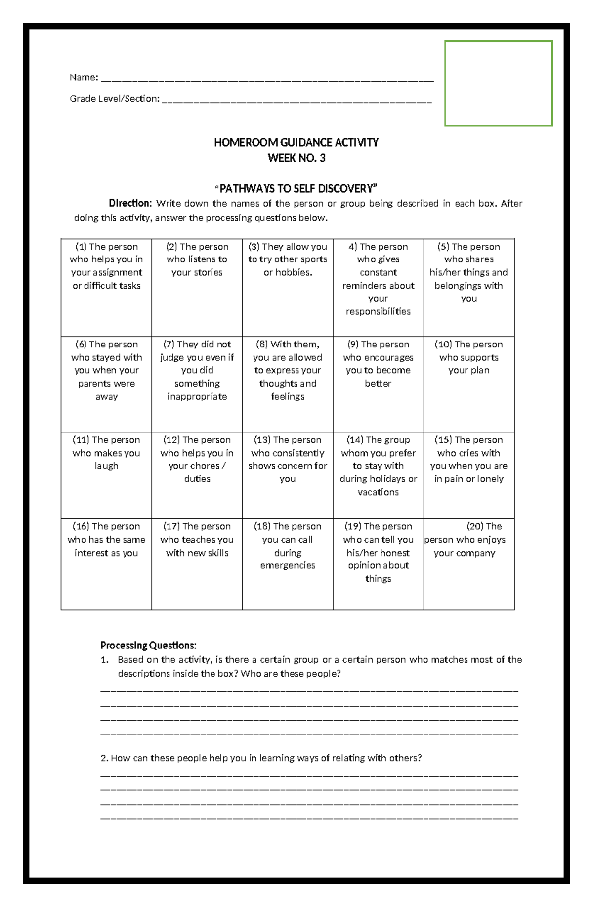 HG Guidance Activity: Week 3 - Identifying Supportive People - Studocu