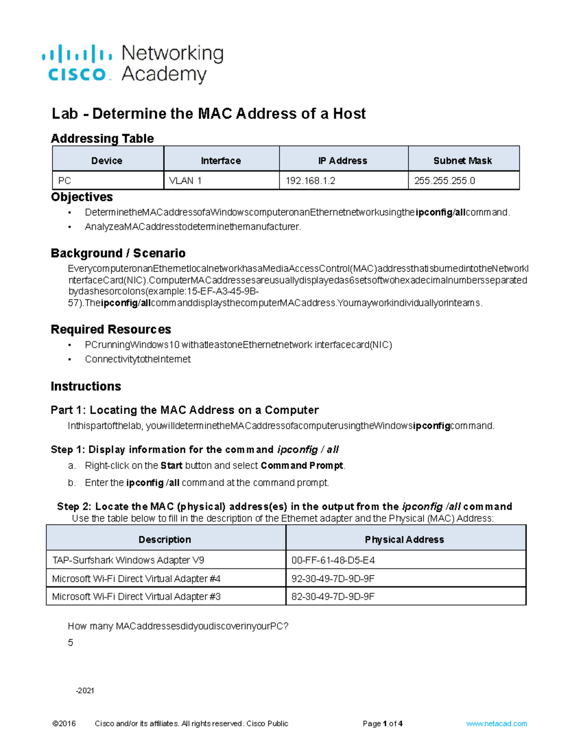 Lab 5.4.5 - Identifying a Host's MAC Address Using Windows IPConfig ...