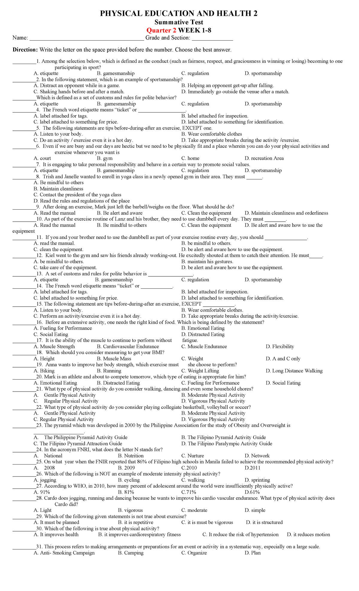 Summative for Activity 1-8 (PE) - PHYSICAL EDUCATION AND HEALTH 2 ...