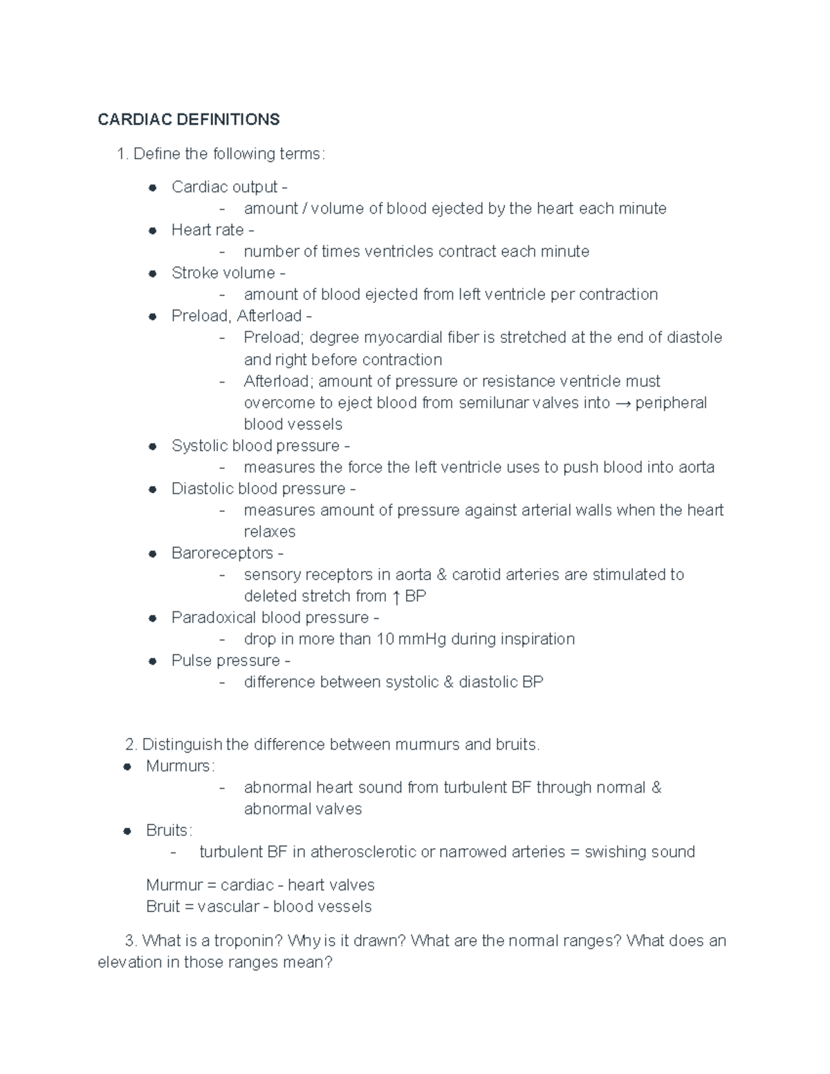 CARDIAC DEFINITIONS: Key Concepts for Nursing Fundamentals - Studocu