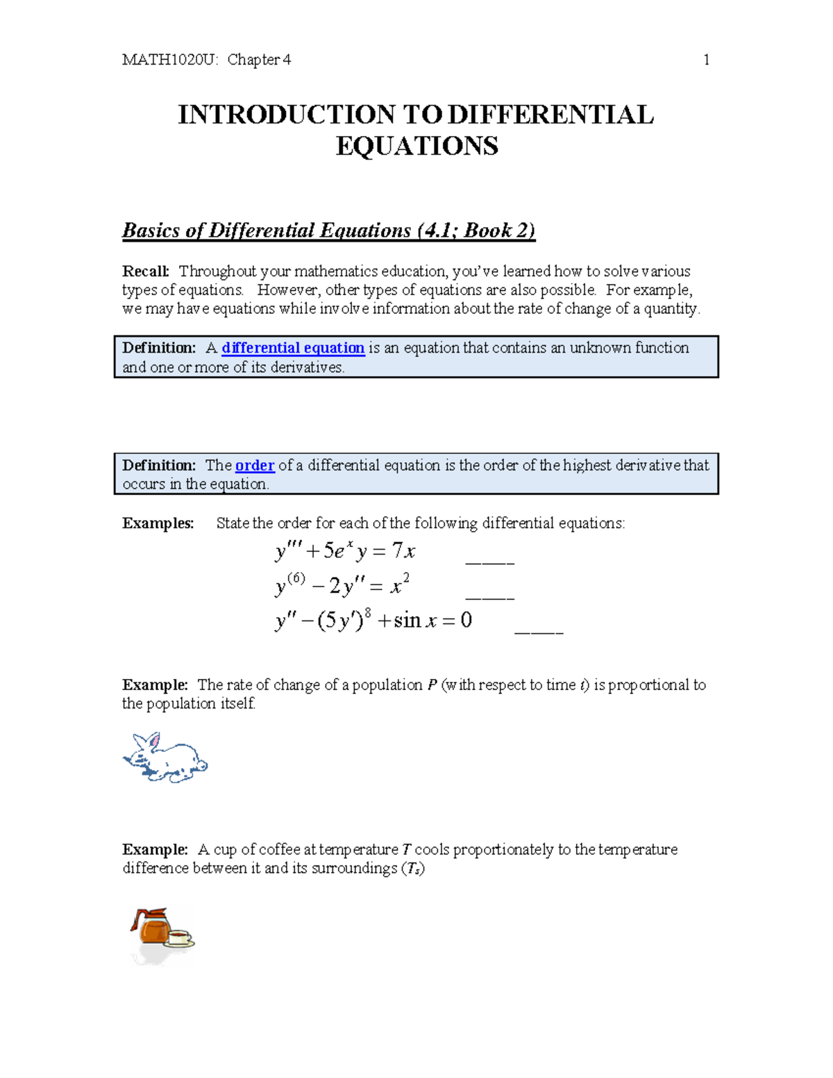 MATH1020U: Chapter 4 - Introduction to Differential Equations - Studocu