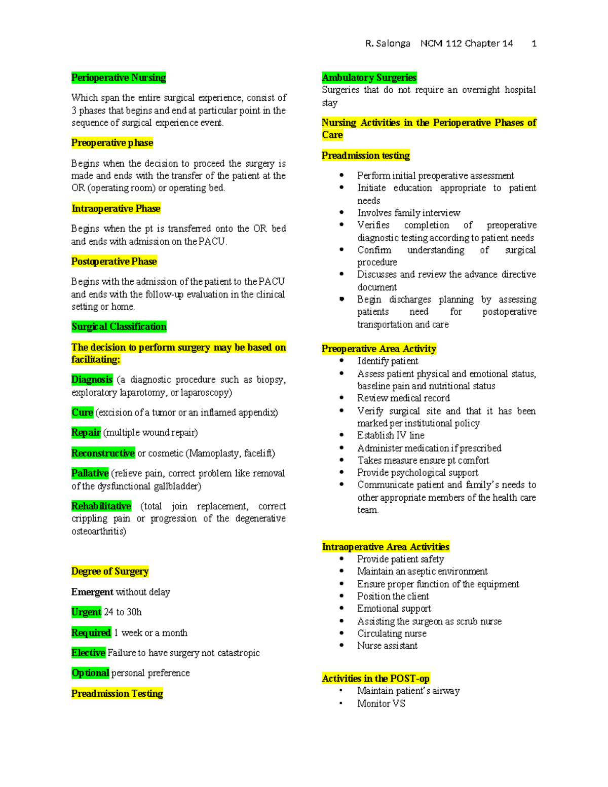 1. Chapter 14 Perioperative Nursing - R. Salonga NCM 112 Chapter 14 1 ...