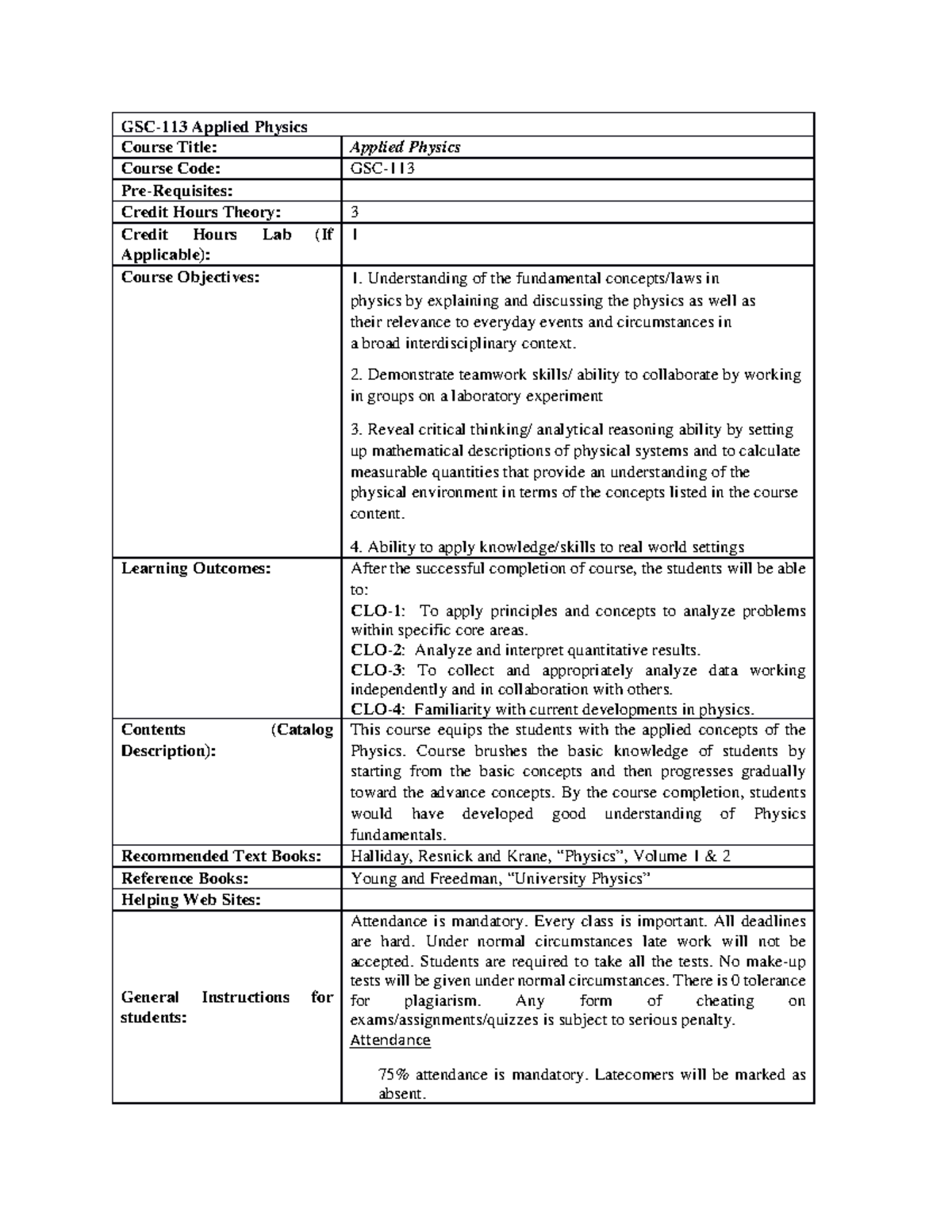 GSC-113 Applied Physics: Course Overview and Learning Objectives - Studocu