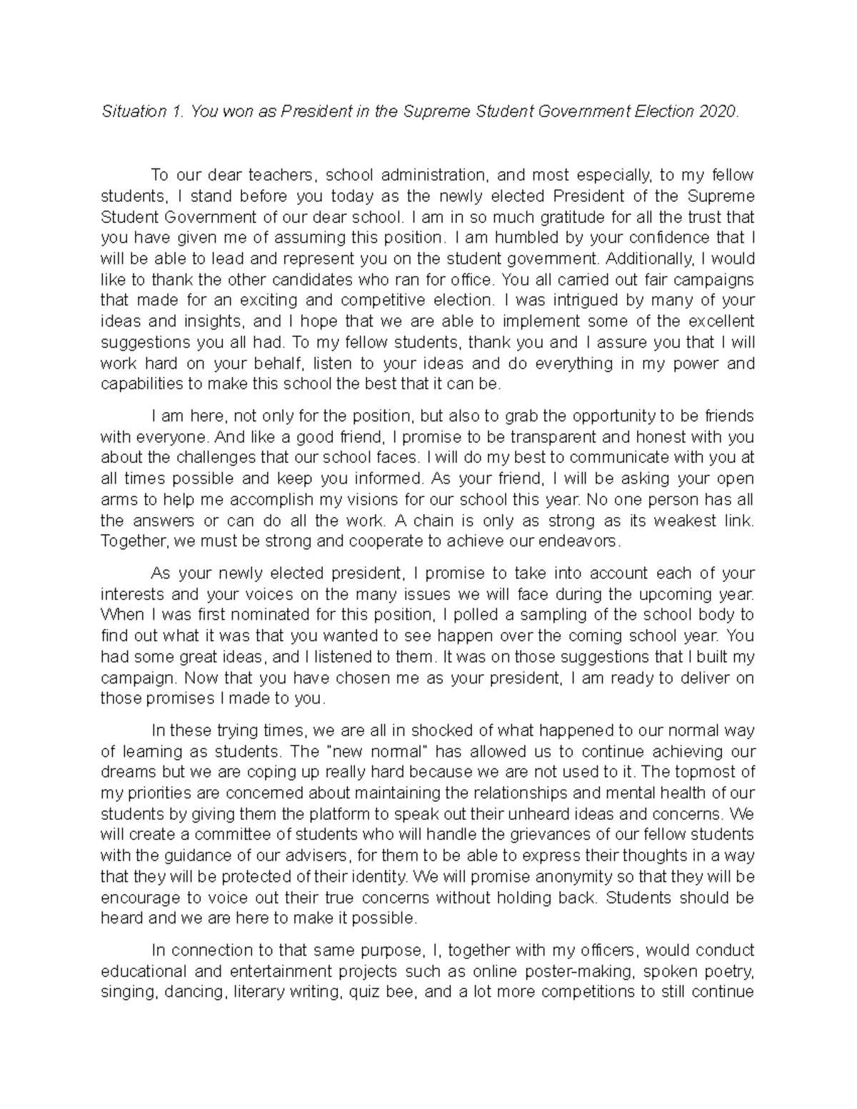 Acceptance Speech - Supreme Student Government President 2020 - Studocu
