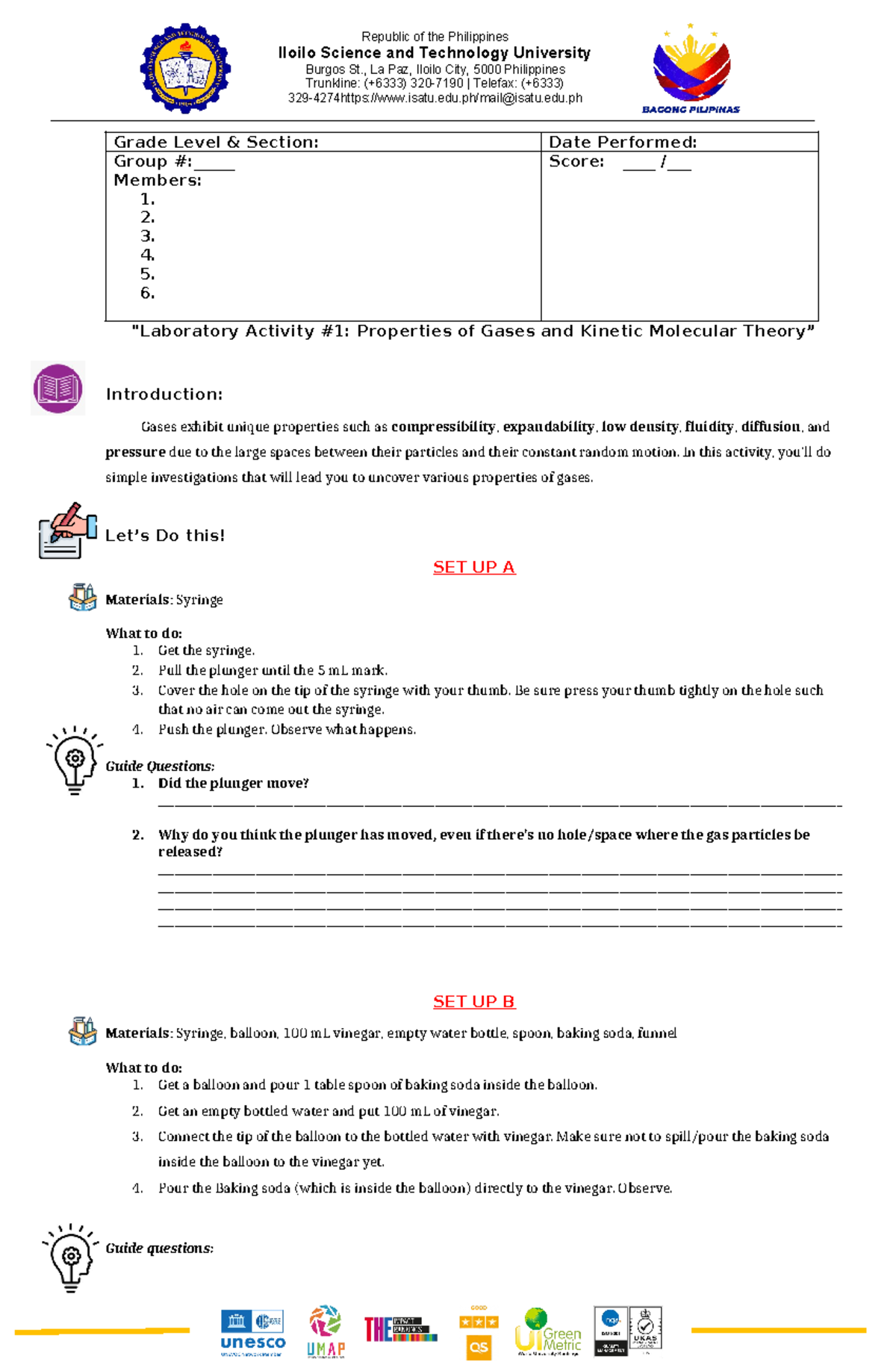 Activity Sheet Properties of gases kinetic molecular Theory - Grade ...