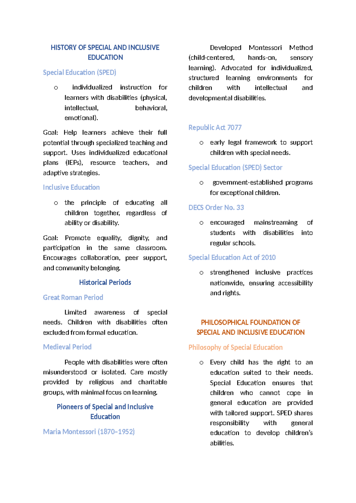 History of Special and Inclusive Education (SPED) - Studocu