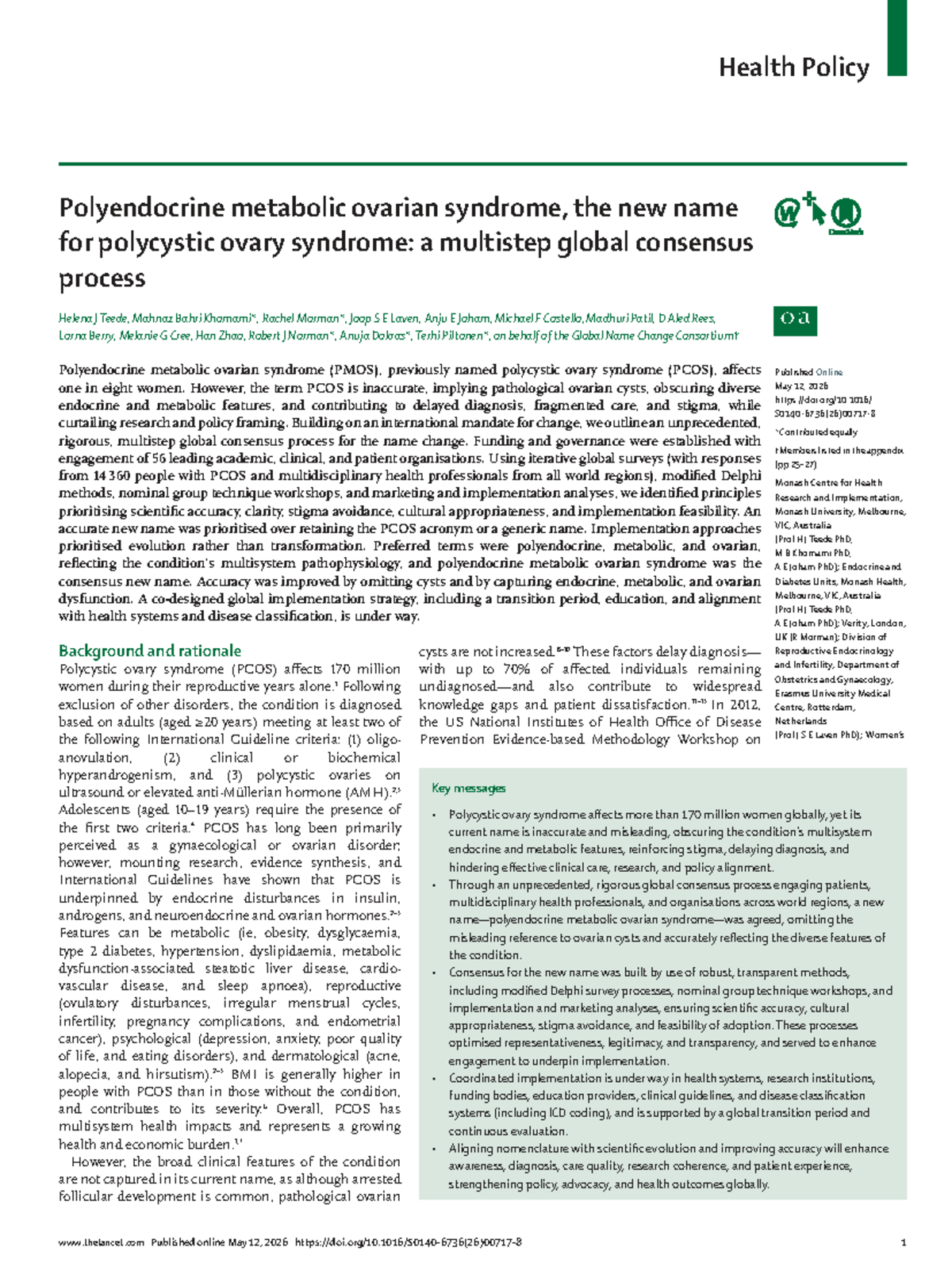 Health Policy: Global Consensus on Renaming PCOS to PMOS - Studocu