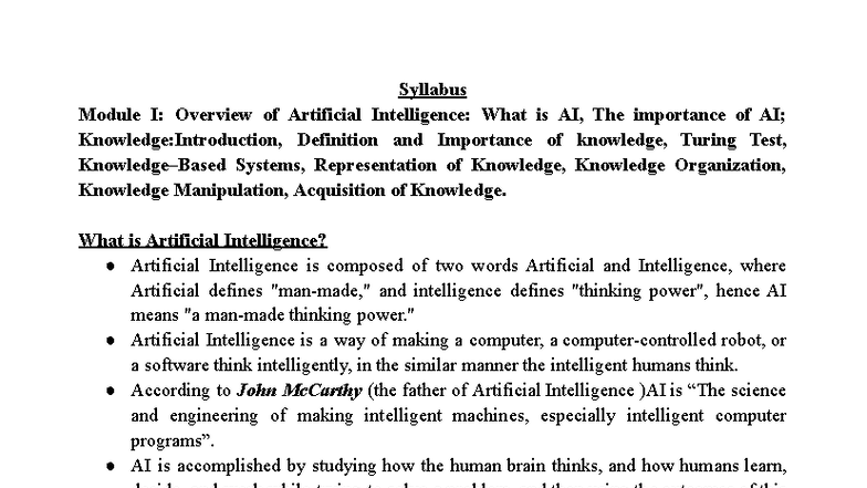 AI Module I: Overview of Artificial Intelligence and Knowledge Importance - Studocu