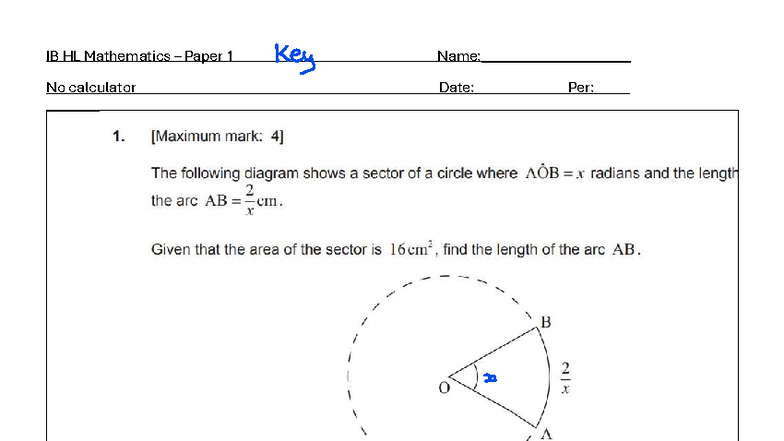 IB HL Mathematics Paper 1 Review Key - No Calculator Answers - Studocu