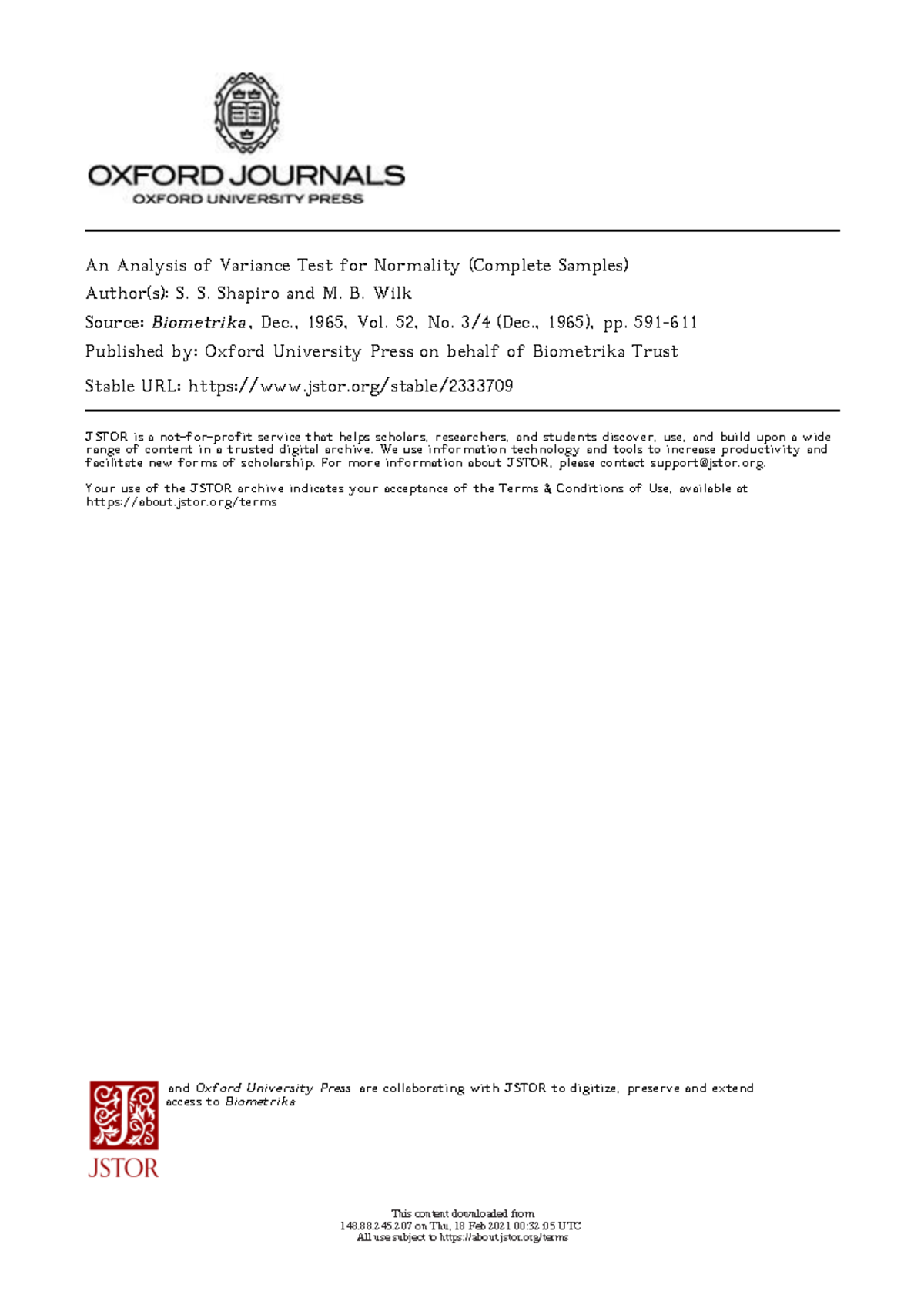 Shapiro-Wilk Test for Normality - Statistics Exam Study Notes - Studocu