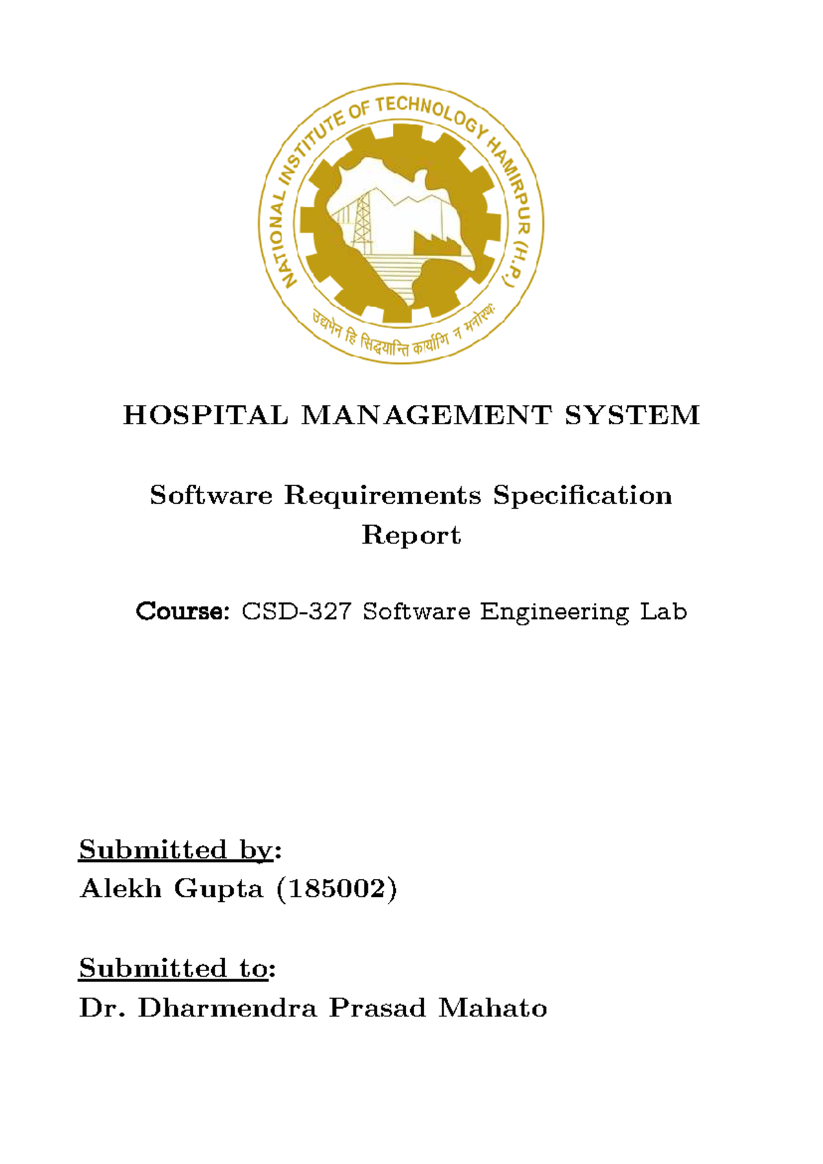 HOSPITAL MANAGEMENT SYSTEM SRS Report - Software Engineering Lab - Studocu
