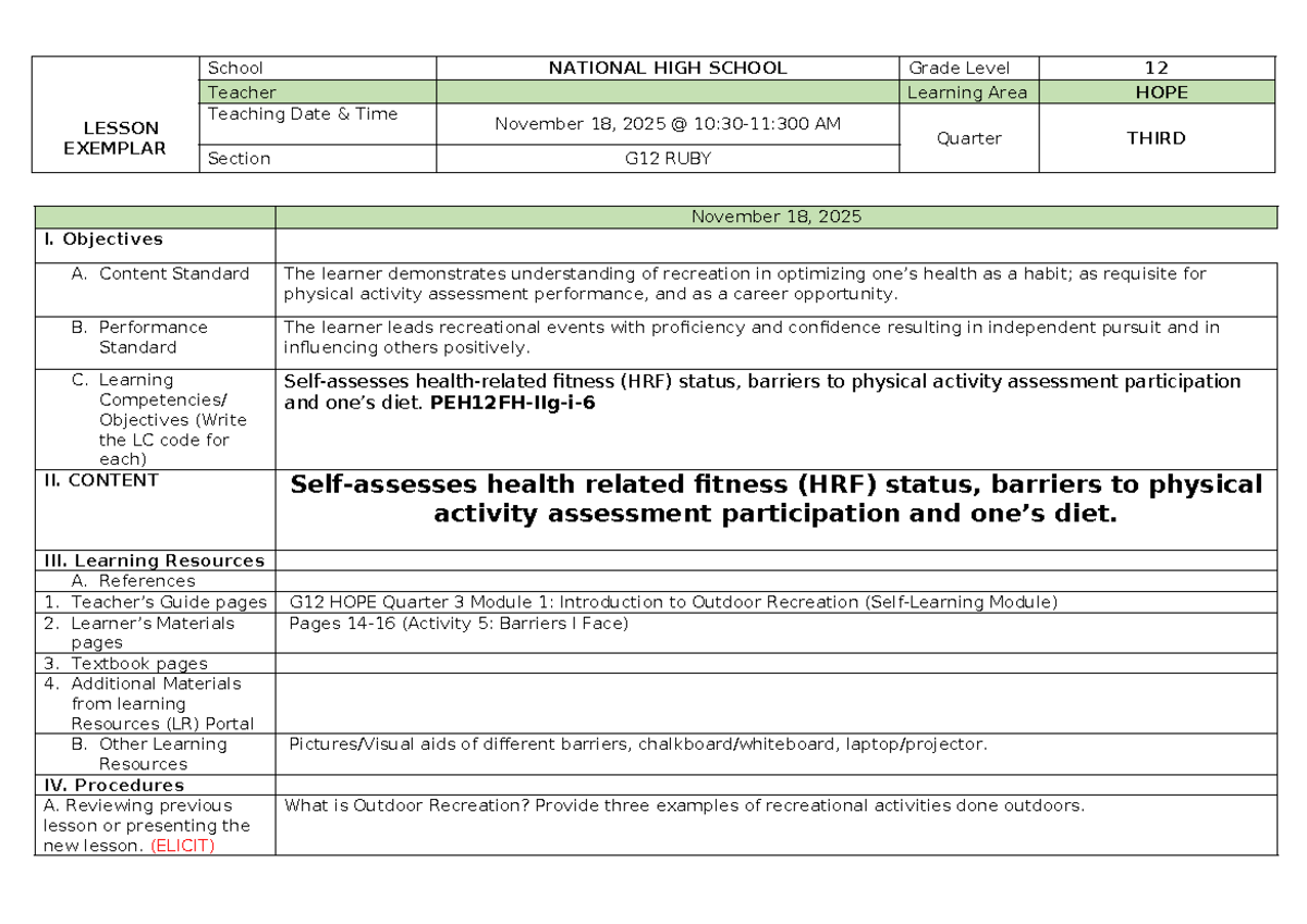 G12 HOPE 12 Lesson Plan: Overcoming Barriers to Physical Activity - Studocu
