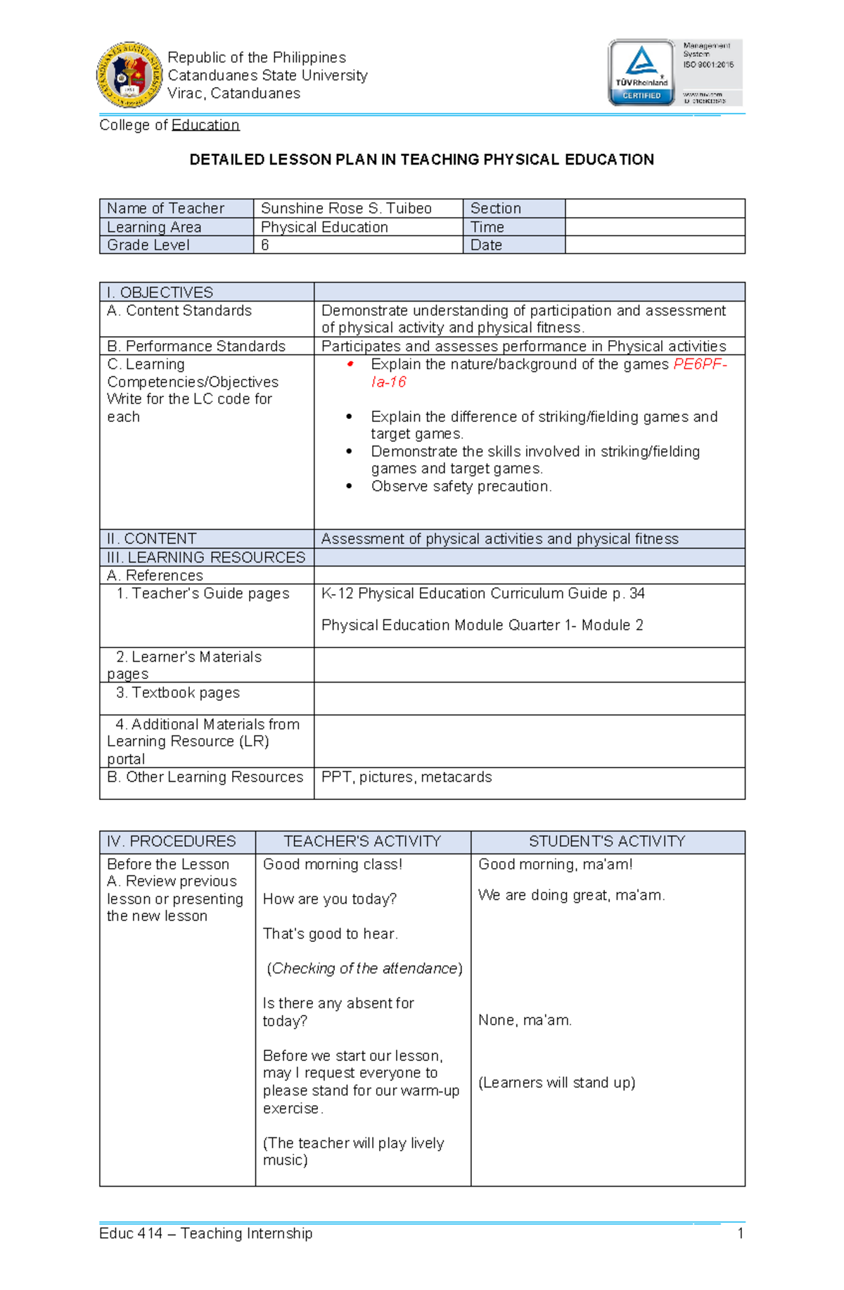 Detailed Lesson Plan for PE6: Striking and Target Games - Studocu