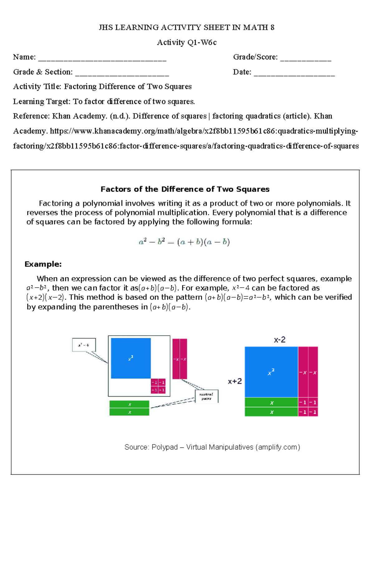 LAS-Q1-W6c: Factoring the Difference of Two Squares Activity - Studocu