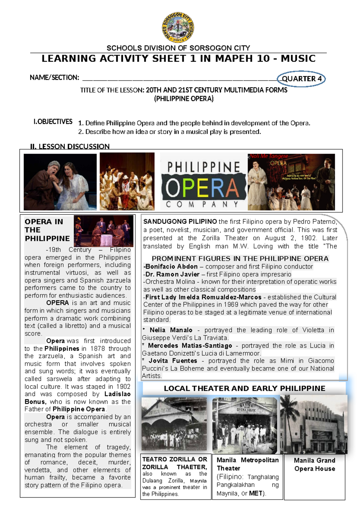 MAPEH 10 Final Exam: 20th & 21st Century Philippine Opera - Studocu