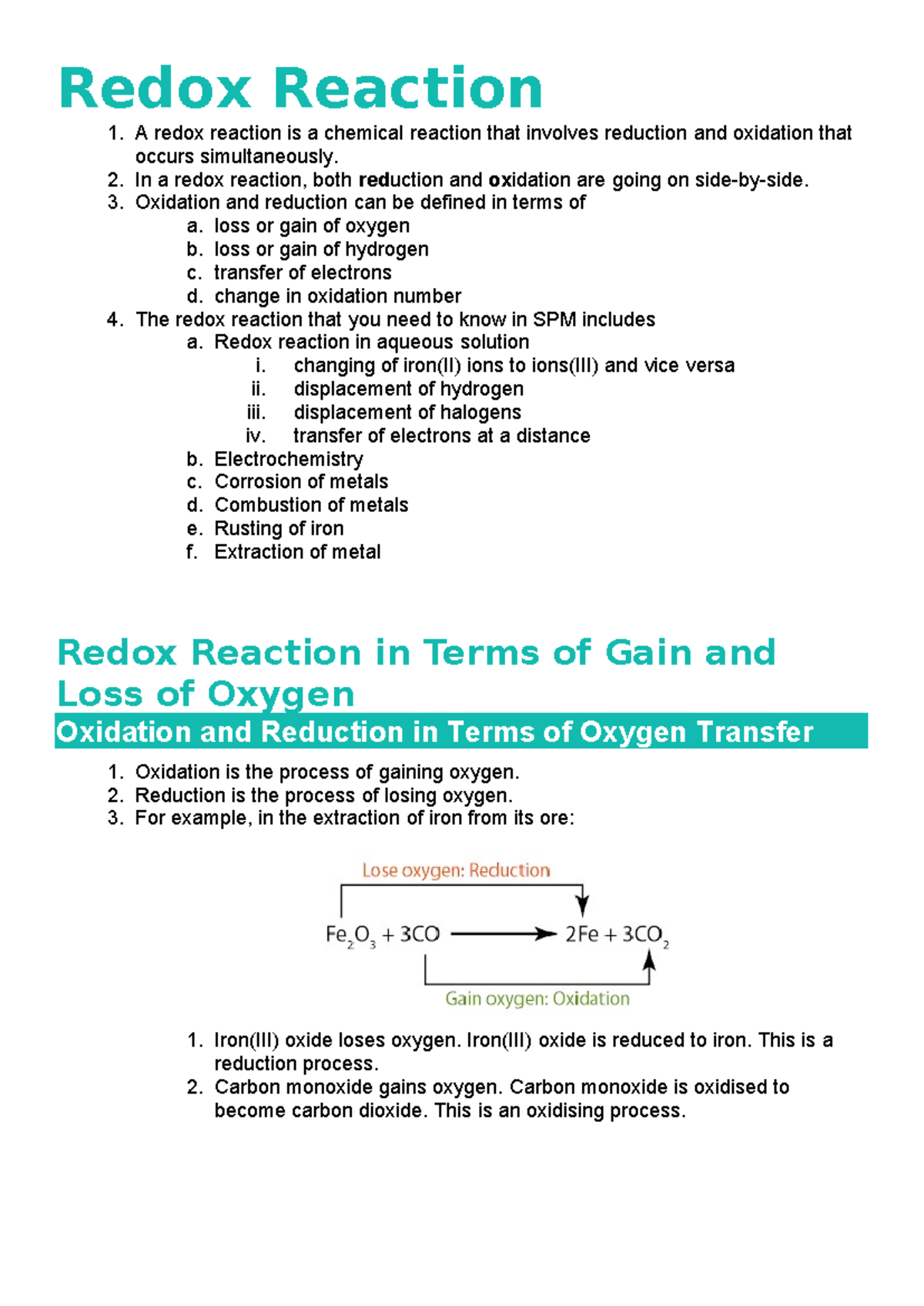 Redox Reactions: Key Concepts and Examples for SPM Chemistry - Studocu