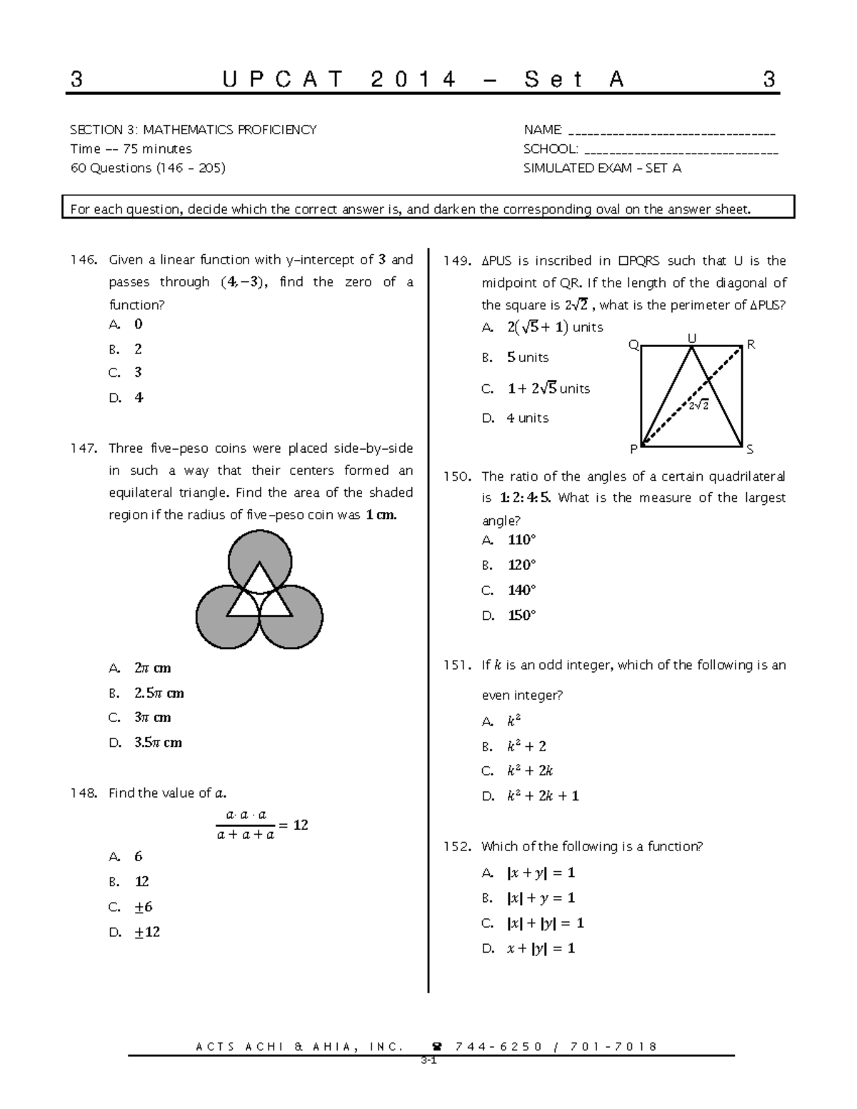 3 UPCAT 2014 Set A: Mathematics Proficiency Simulated Exam - Studocu
