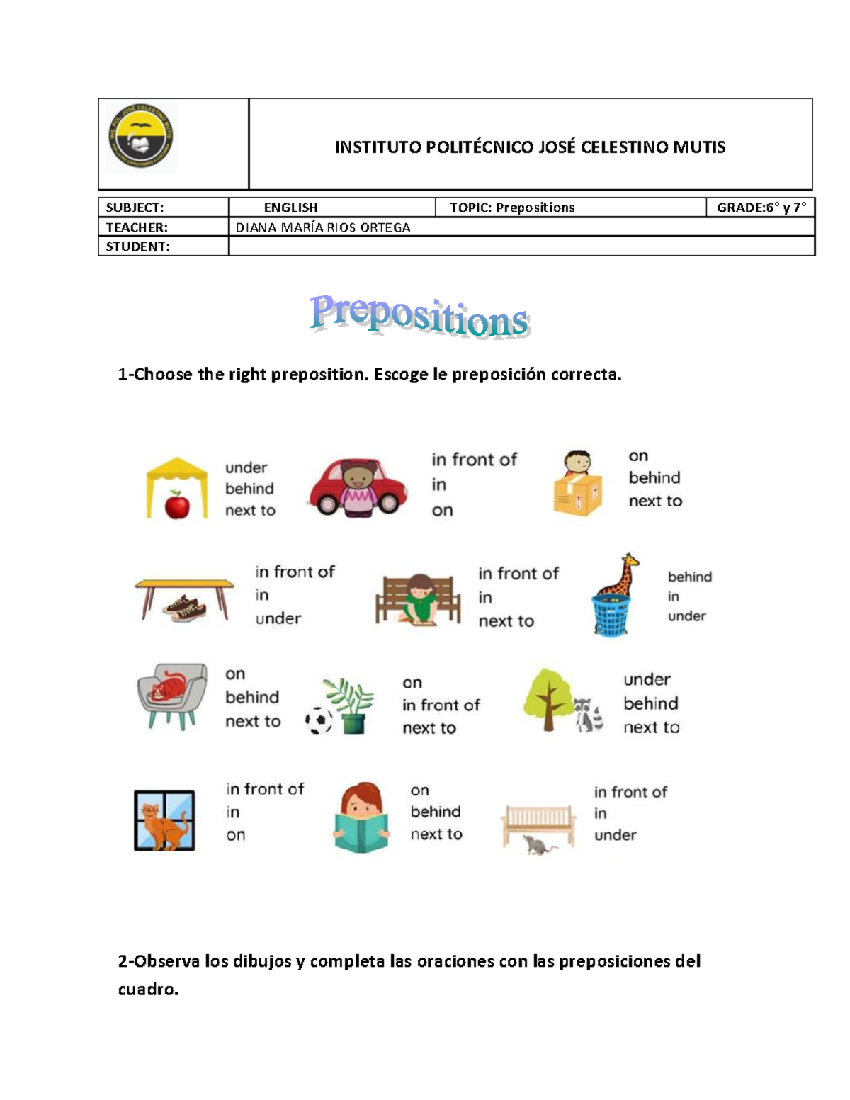 Prepositions Practice for 6° and 7° English Classes - Studocu