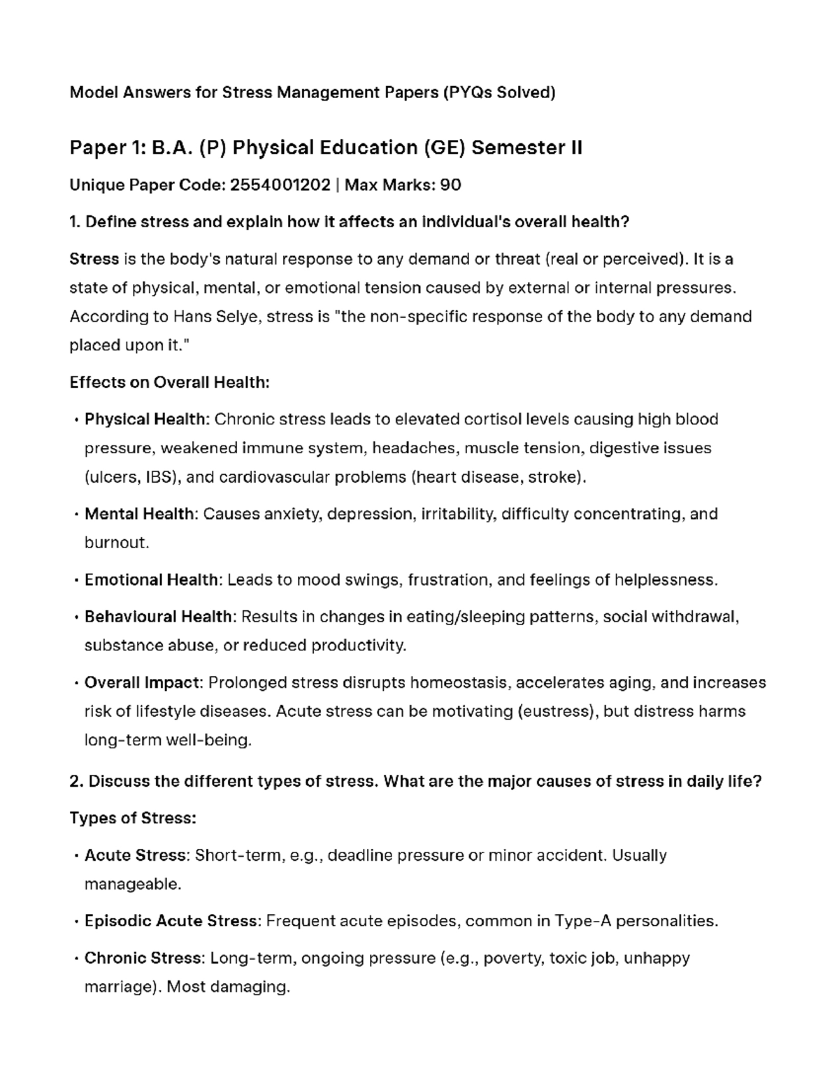 Model Answers for Stress Management (PYQs Solved) - B.A. (P) Physical ...