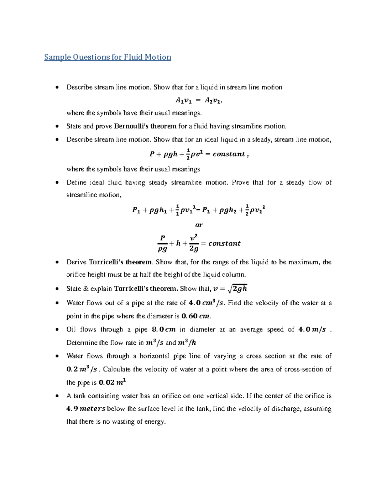 Sample Questions for Fluid Motion - Sample Questions for Fluid Motion ...