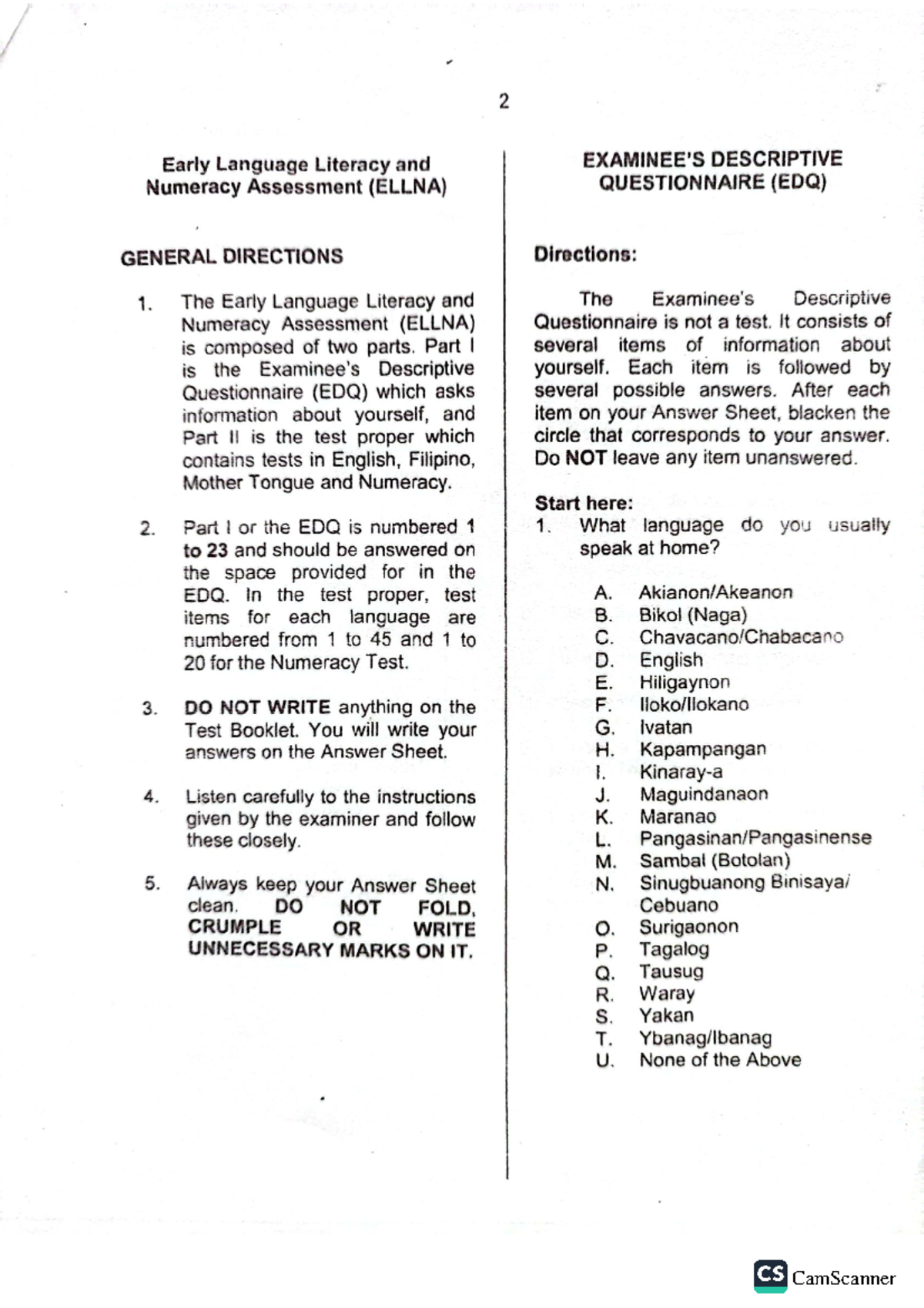 ELLNA Review Questionnaire: General Directions and Assessment Guide ...