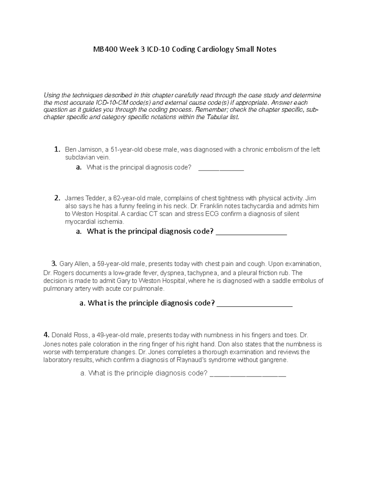 MB400 Week 3 ICD-10 Coding Notes for Cardiology Cases - Studocu