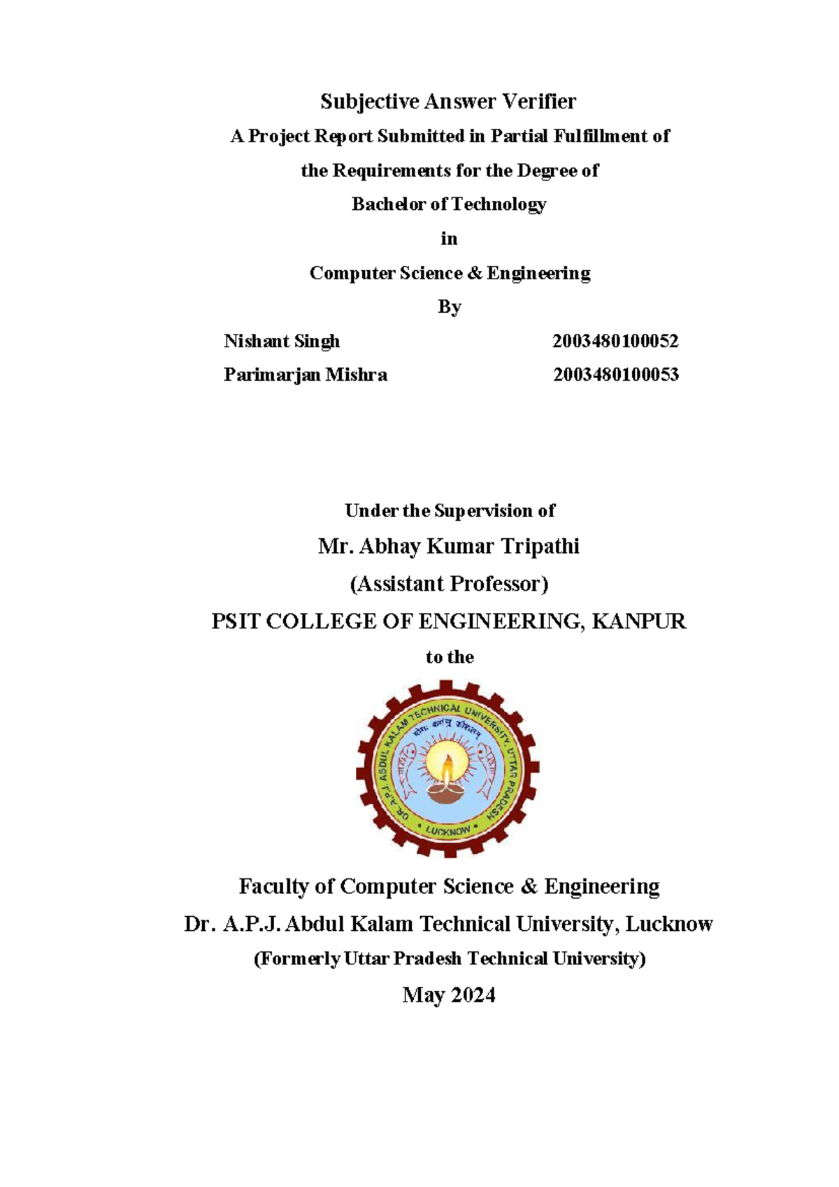 Subjective Answer Verifier Project Report (CSE 2024) - Studocu
