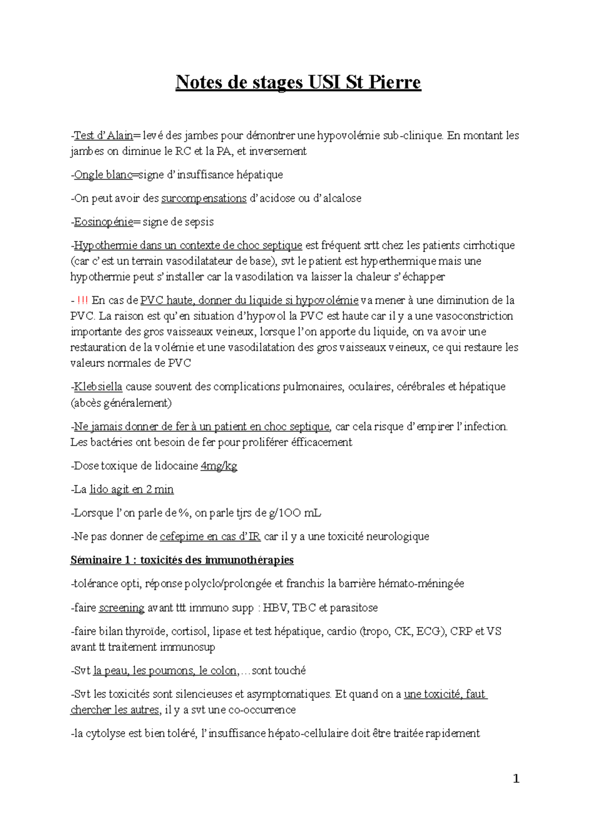 Notes de Stage USI St Pierre : Hypovolémie et Toxicités en Choc ...