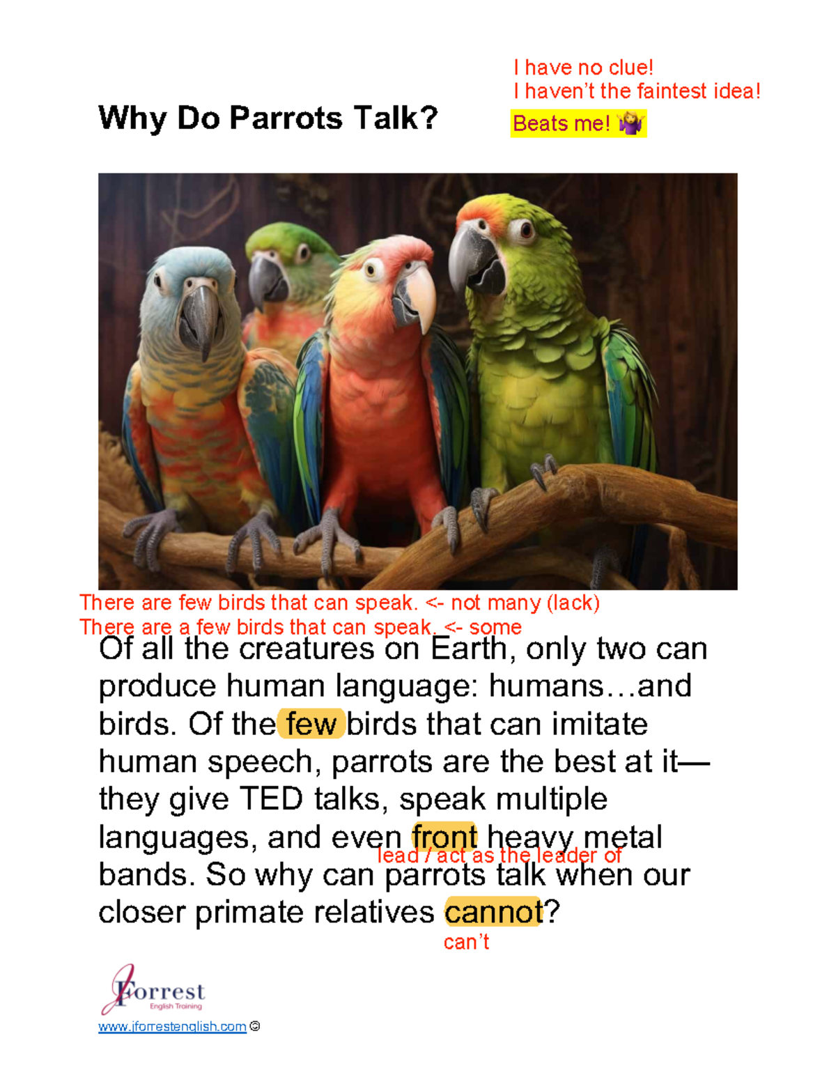 Why Do Parrots Talk Article Review by JForrest English ...