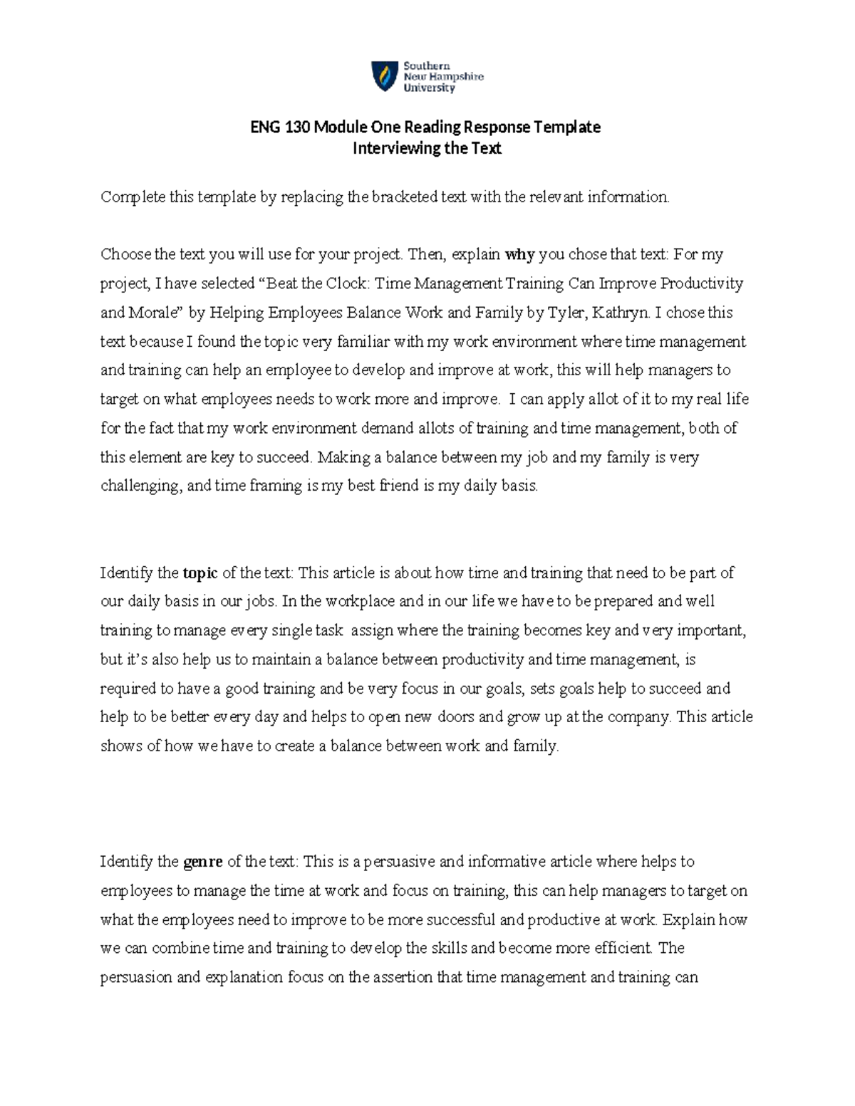 ENG 130 Module One Reading Response: Time Management & Training ...