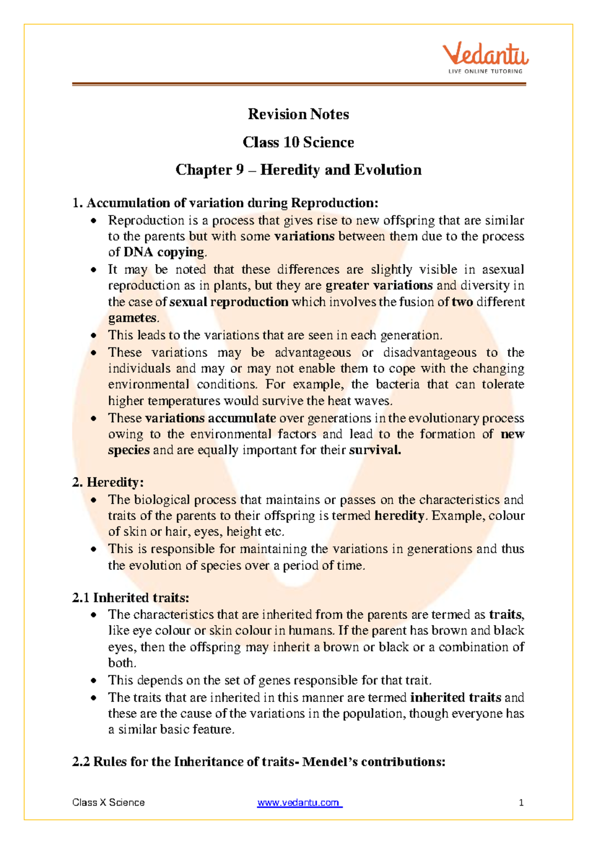CBSE Class 10 Science Revision Notes: Chapter 9 - Heredity & Evolution ...
