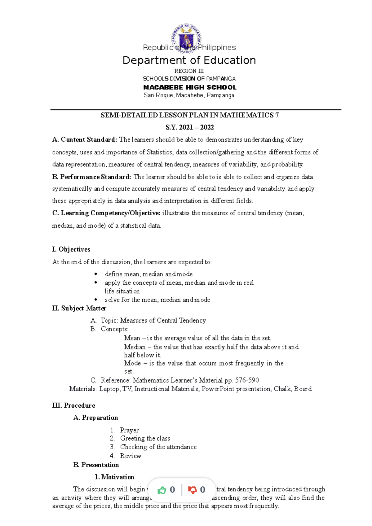 Semi-Detailed Lesson Plan in Mathematics 7: Central Tendency Concepts - Studocu