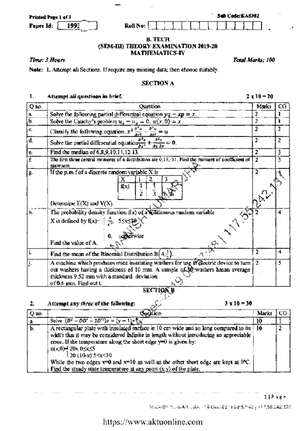 KAS302 B. TECH Theory Exam Previous Year Questions (2020) - Studocu