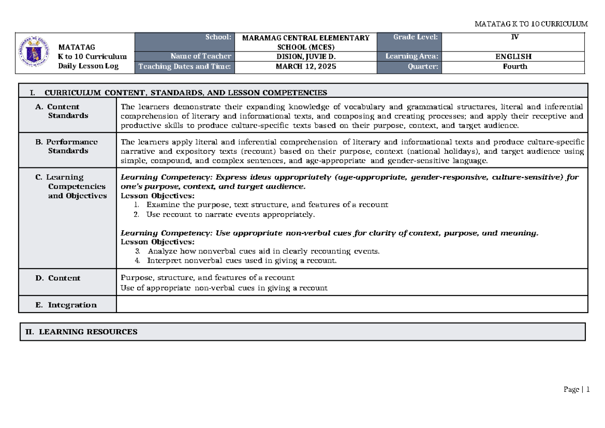 MATATAG K to 10 Curriculum: Daily Lesson Log for English IV Q4 W5 - Studocu