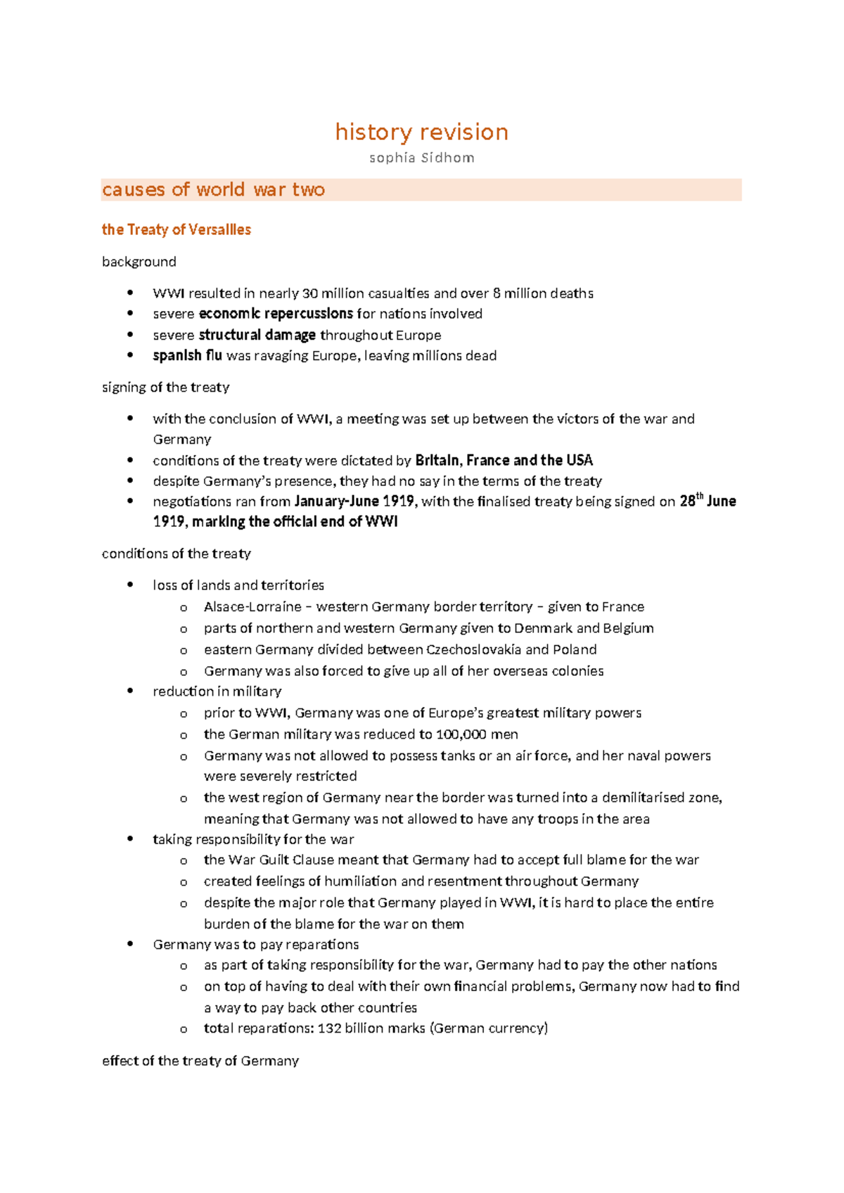 World War II notes - history revision sophia Sidhom causes of world war ...