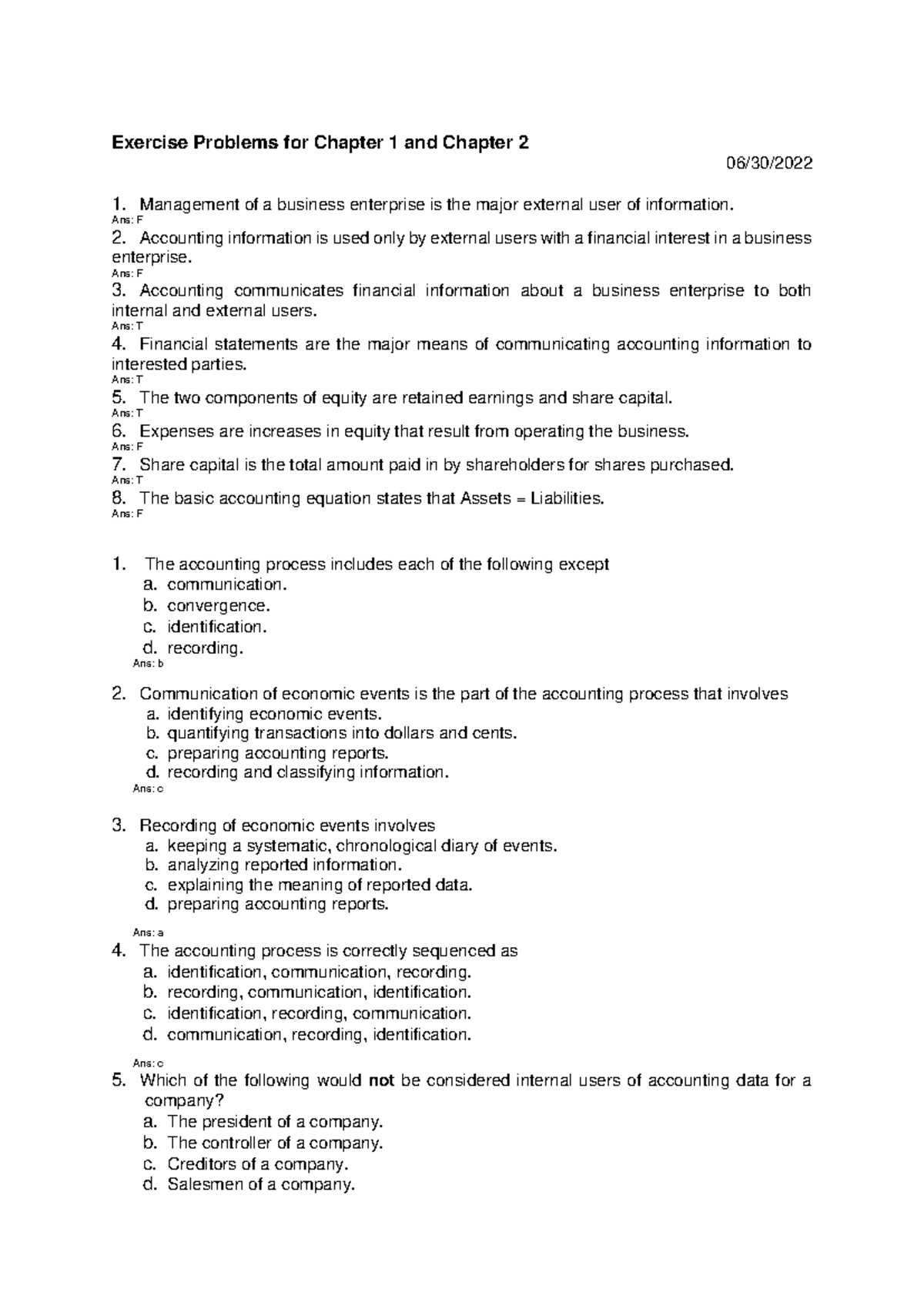 Exercise Problem Answers for Ch. 1 & Ch. 2 - Accounting Fundamentals ...