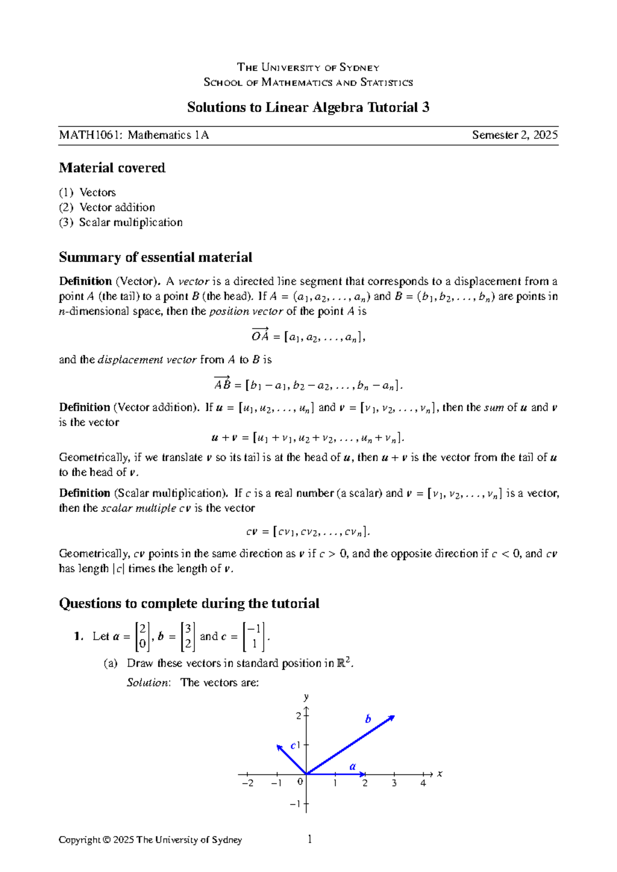 Solutions to Linear Algebra Tutorial 3 MATH1061: Math 1A Semester 2 ...