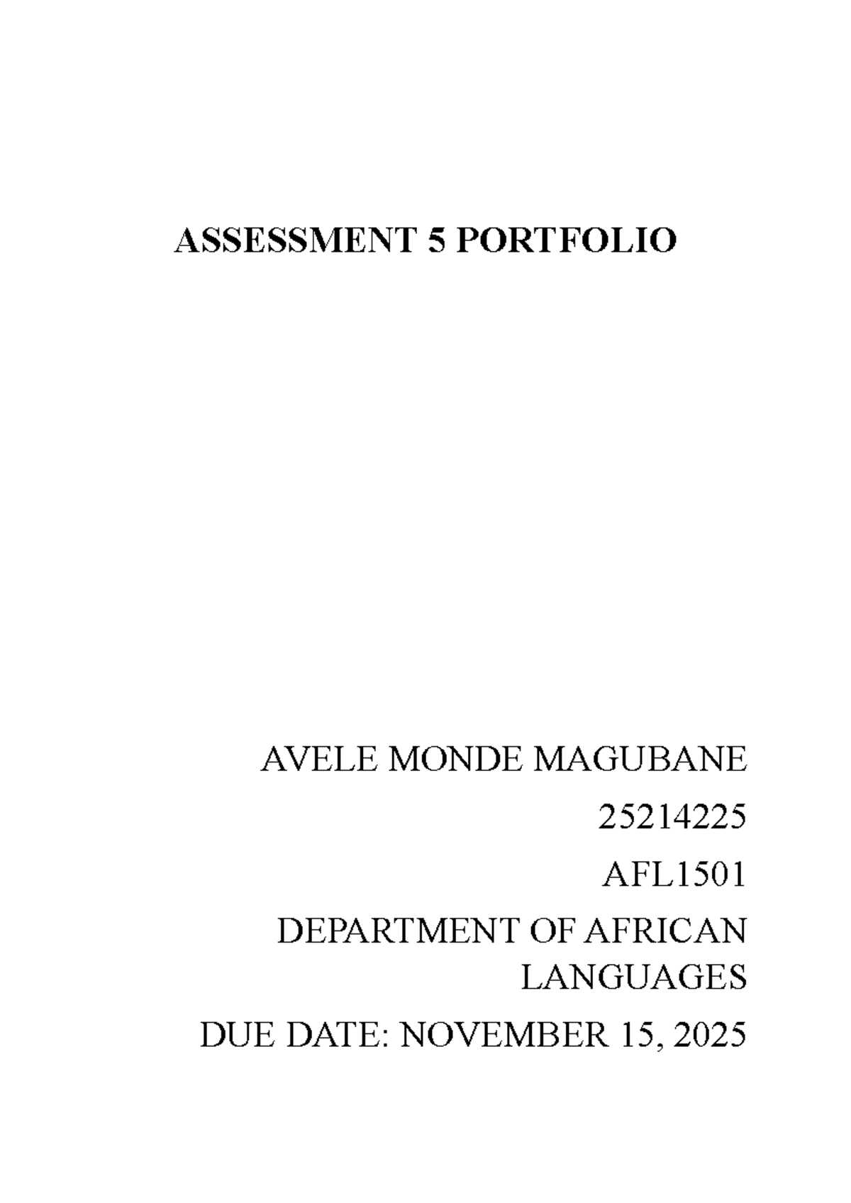 AFL1501 Assessment 5 Portfolio: Reflections on Language and Identity ...